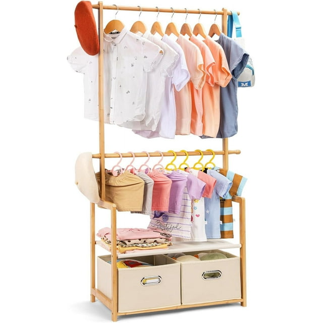 Kids Clothing Rack Bamboo with 2 Storage Baskets and 2 Adjustable ...