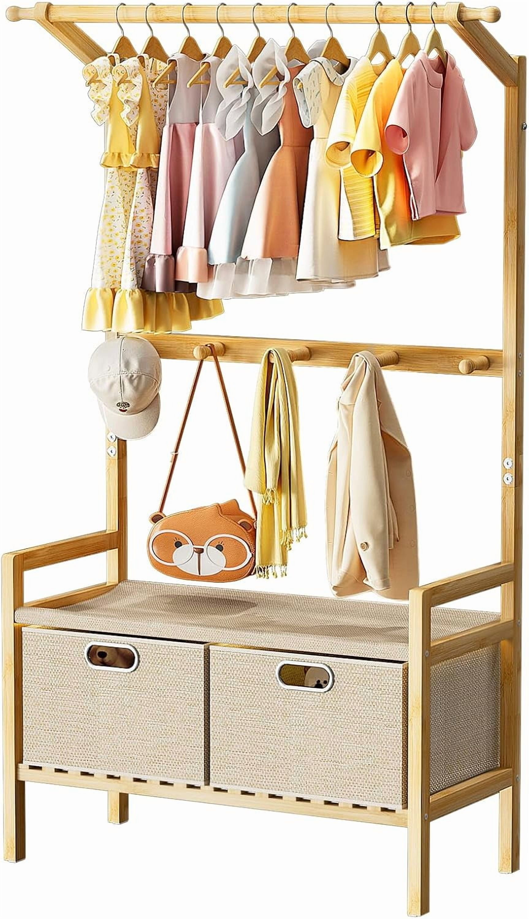 Kids Clothing Rack, Bamboo Dress up Storage with 5 Hanging Hooks & 2 ...