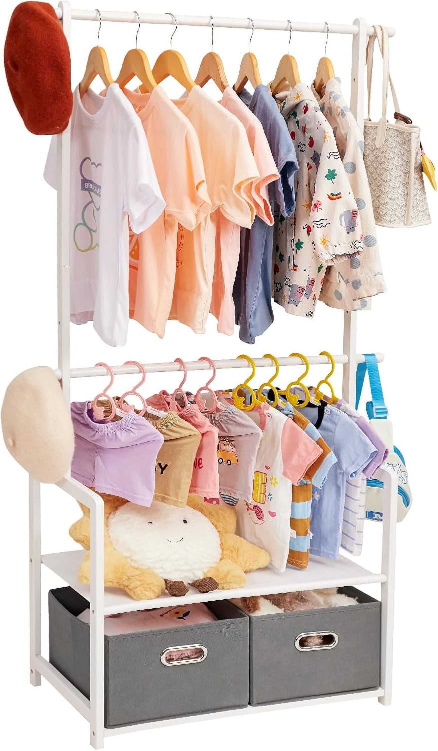 Kids Clothing Rack Bamboo with 2 Storage Baskets and 2 Adjustable ...