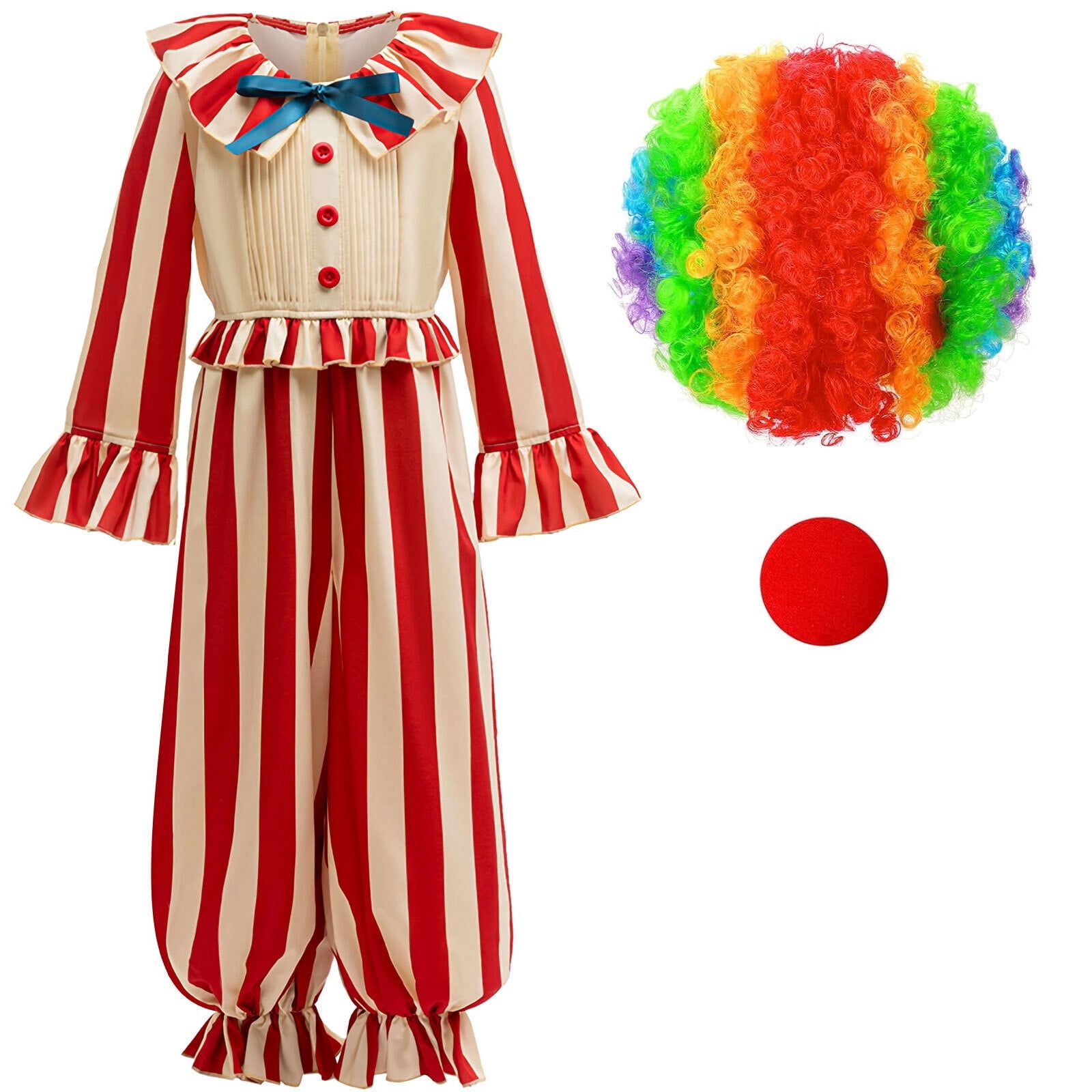 Kids Clown Jumpsuit Outfits with Rainbow Wig&Nose Halloween Costume for ...