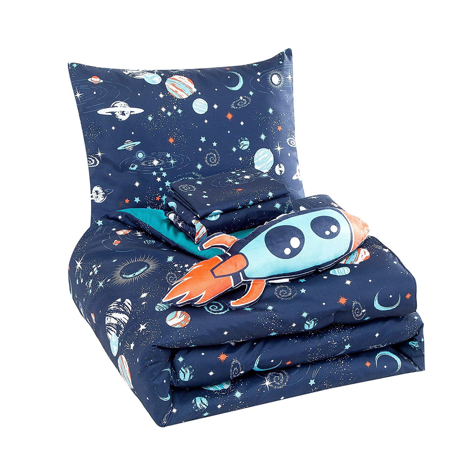Kids Collection Bedding 4 Piece Blue Space Ship Rocket Print Twin Size ...