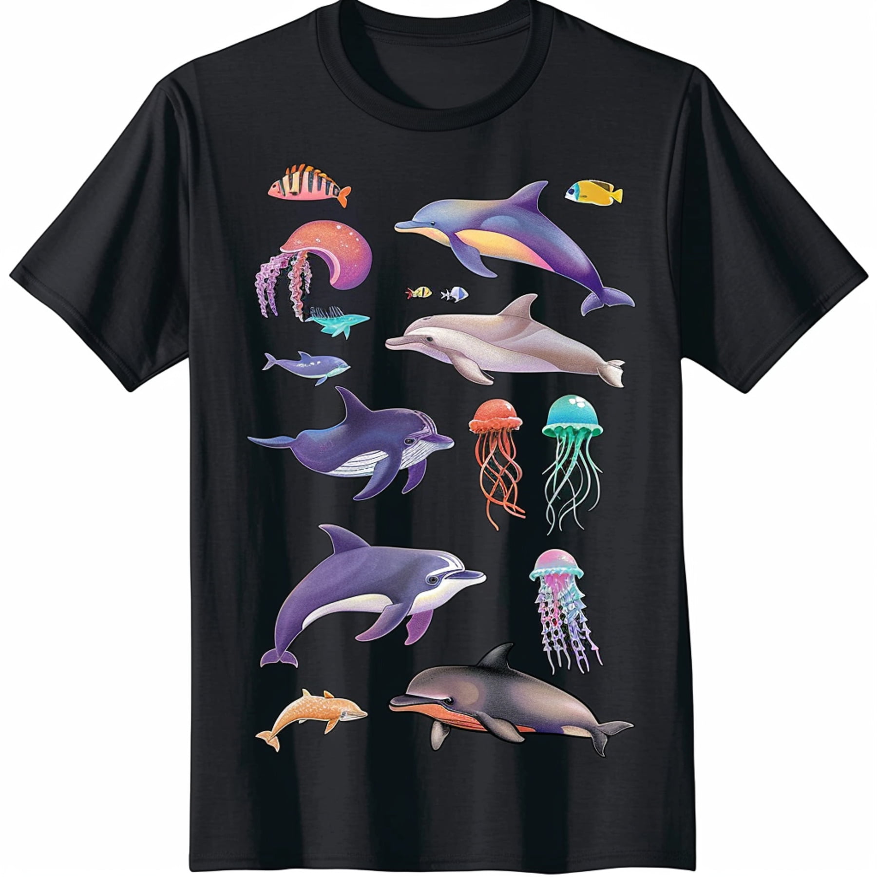 Kids' Colorful Sea Creatures Vector Art Black T Shirt Dolphins ...