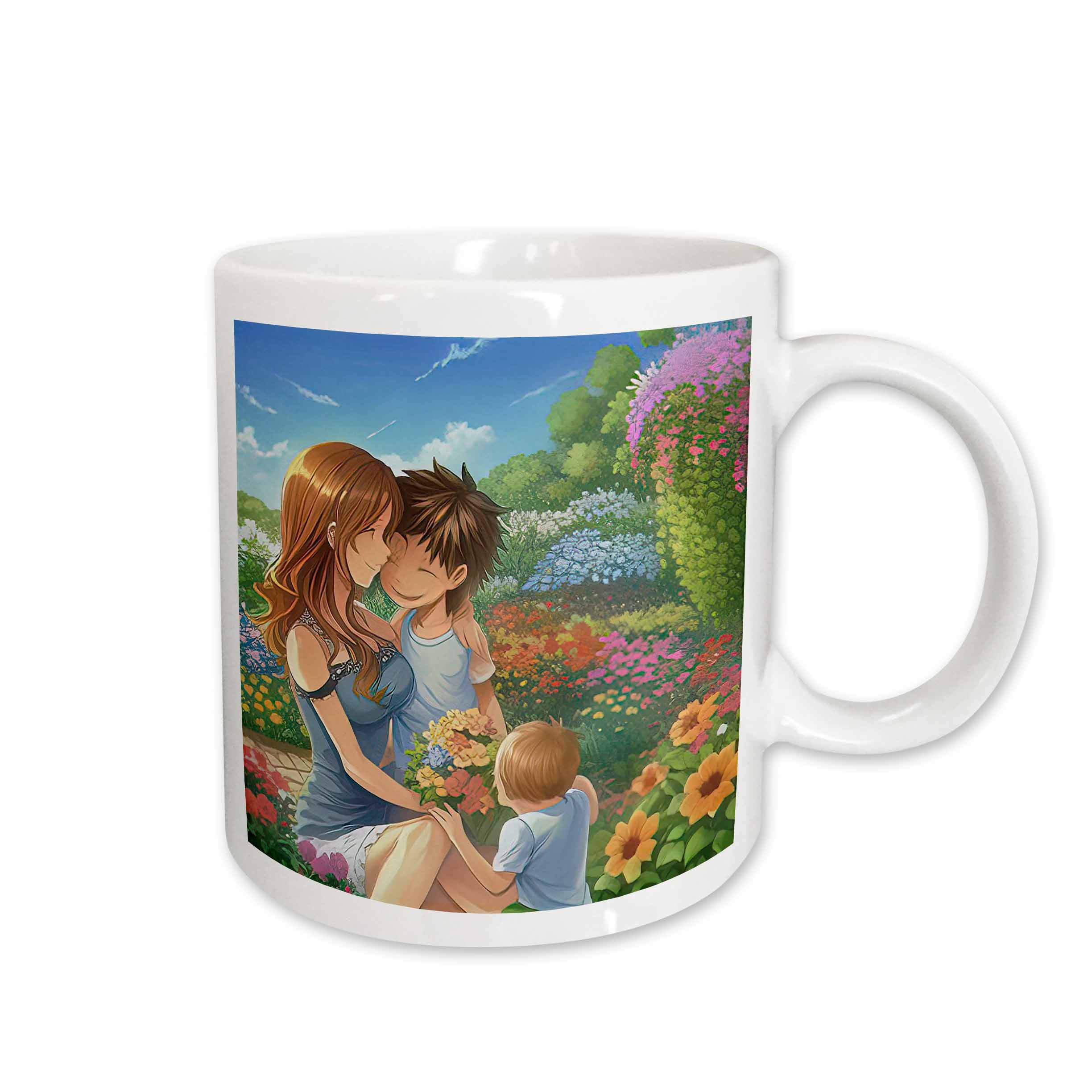 Kids Congratulate Their Mother With A Bunch Of Flowers In The Garden ...