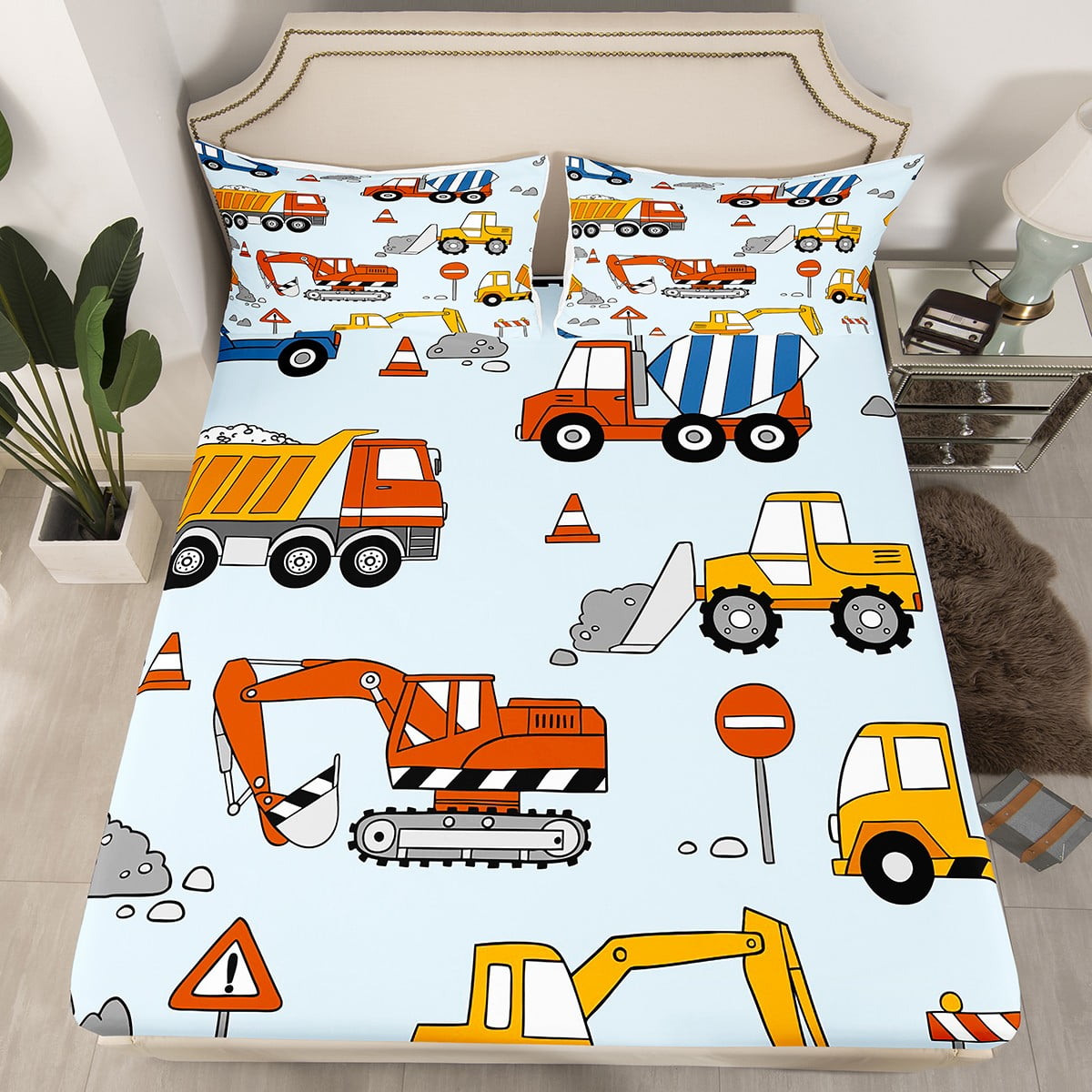 Construction Car Bed Sheets Cartoon Excavator Car Bed Set, Equipment ...