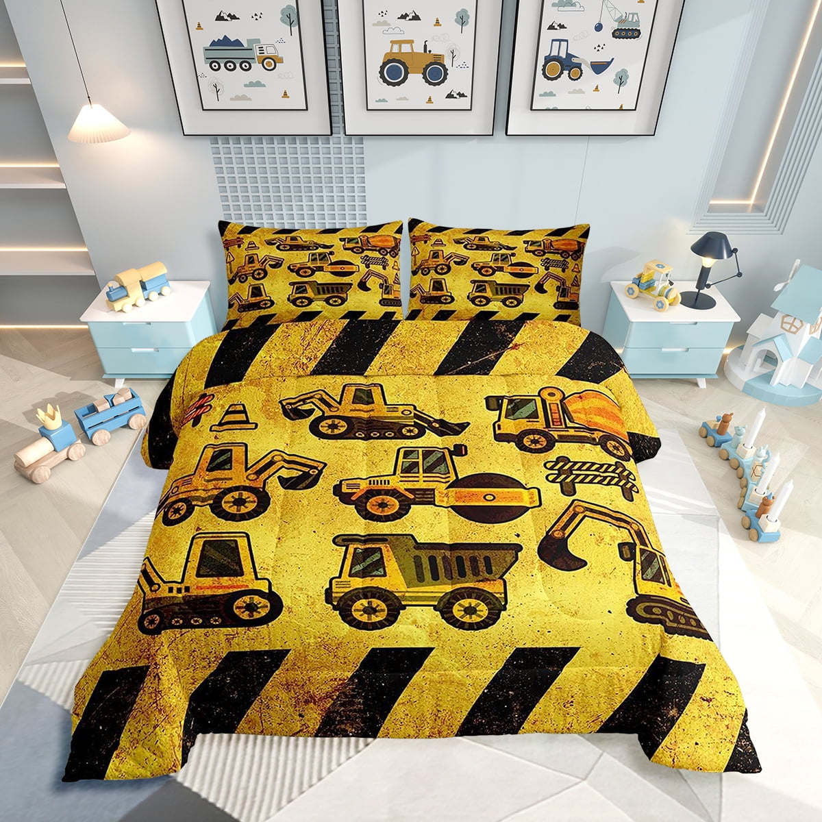 Kids Construction Comforter Set Toddler, Boys Cartoon Car Down ...