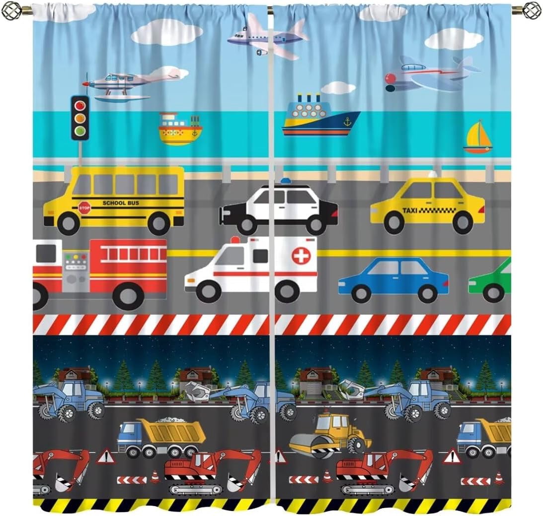 Kids Construction Curtains for Bedroom,Cartoon Colorful Cars Bulldozer ...