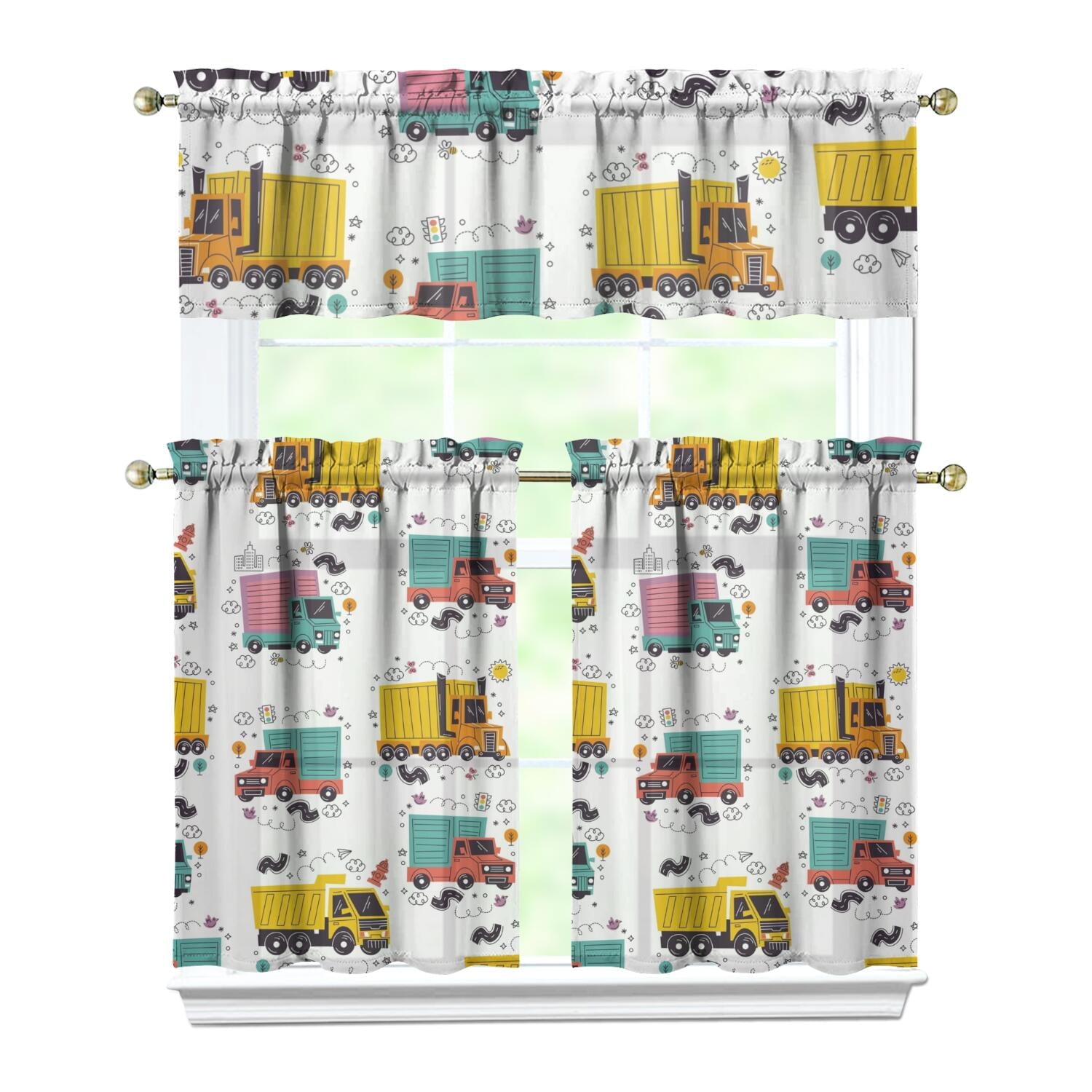 Kids' Construction Vehicle Cafe Curtains - 3 Piece Tractor & Fire Truck ...