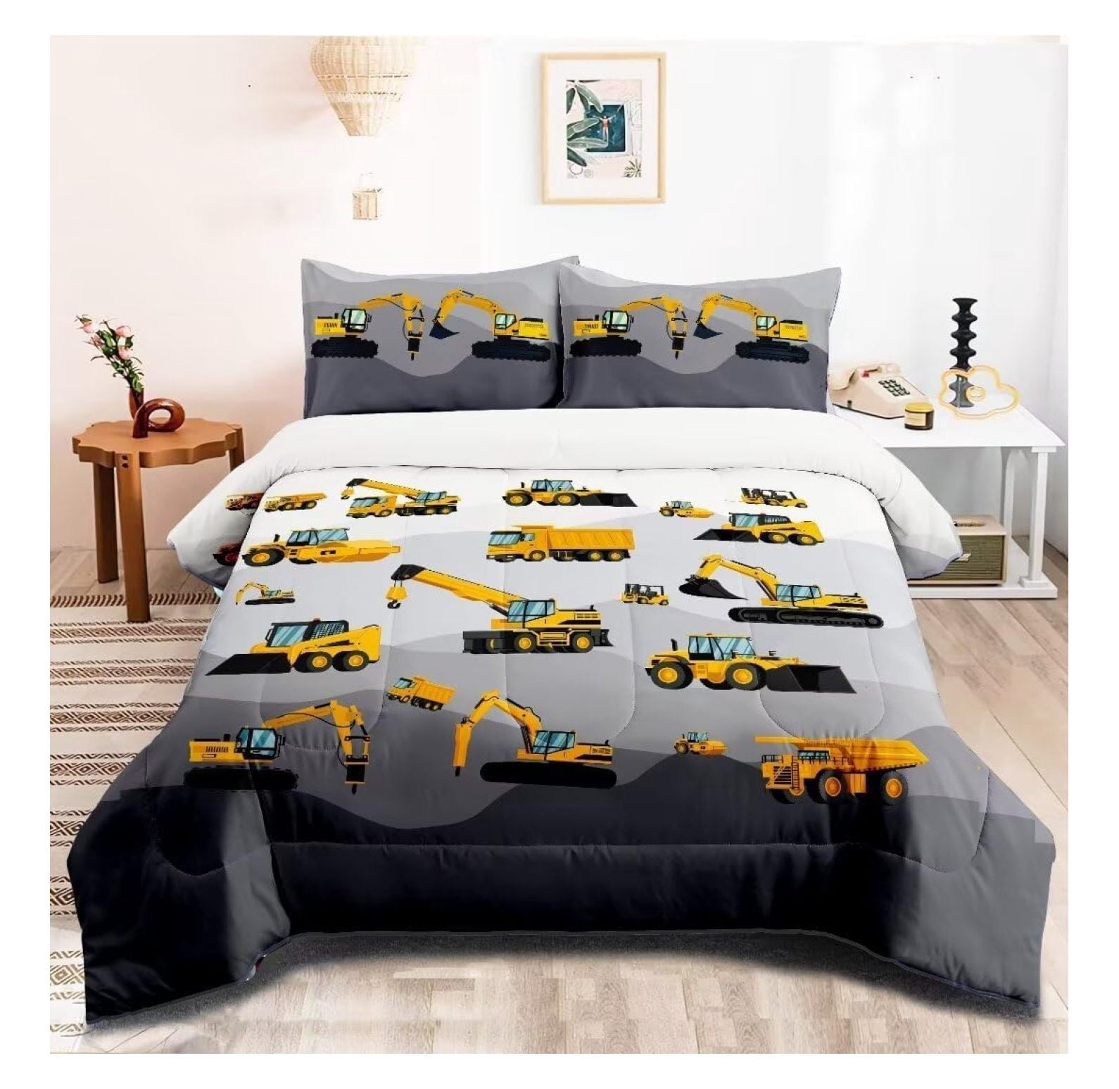 Kids Construction Vehicles Truck Comforter Set for Boys Full,3 Piece ...