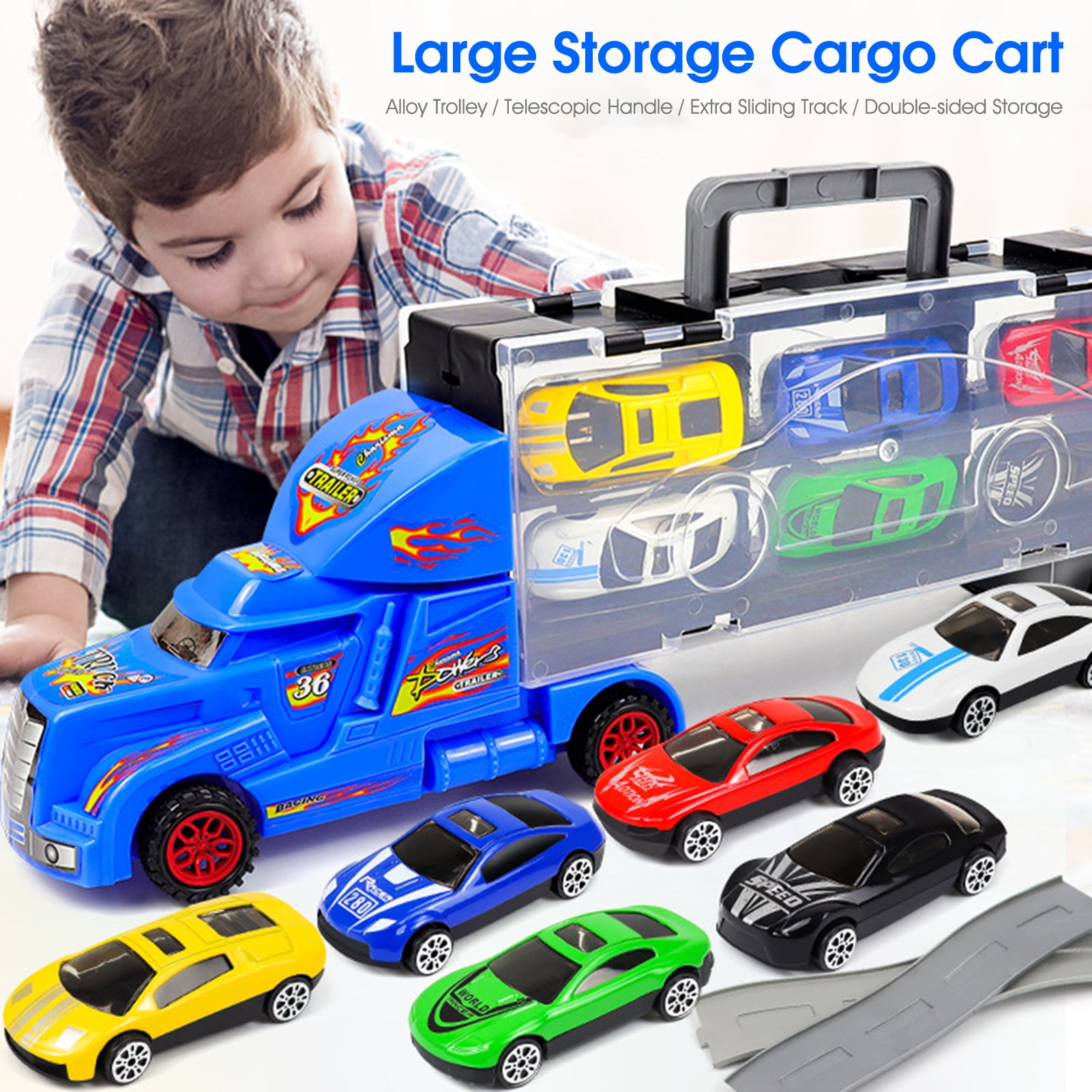 Kids Container Car with Slide Track Toy Set - Includes 6 Mini Alloy ...