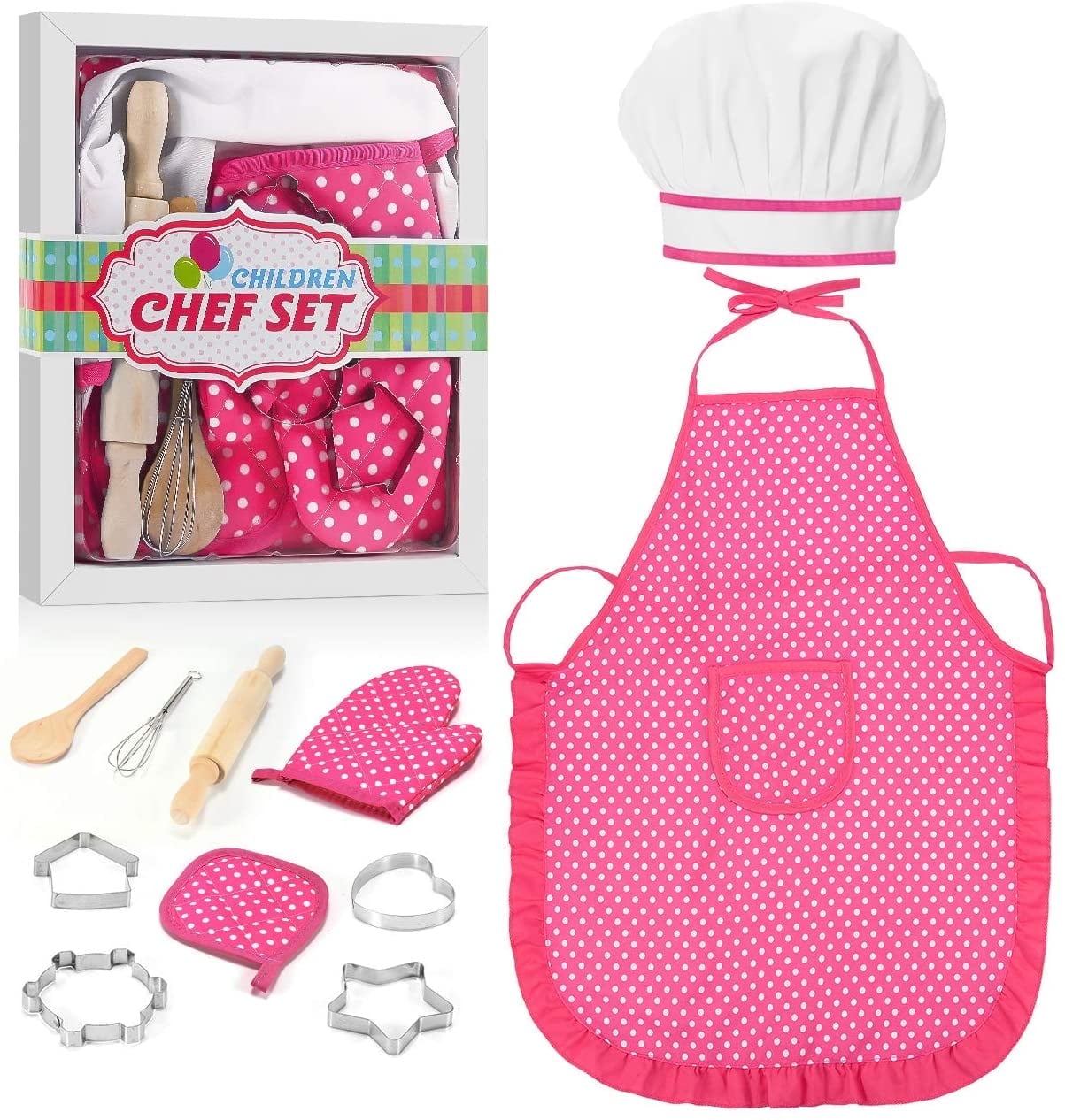 TiokMc Kids Cooking Set 11 Pcs Pink Role Play Chef Kit Includes Apron ...