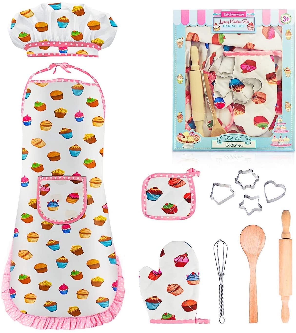 Rirool Kids Cooking Set 11 Pcs Chef Role Play Kit with Apron Hat Mitt ...