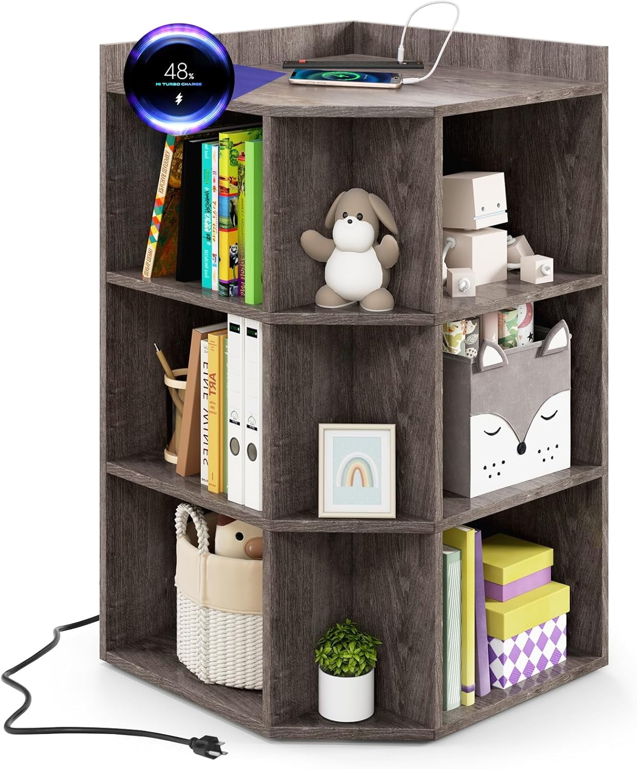 Kids Corner Cabinet with Charging Station, Wooden Cubby Bookcase with ...