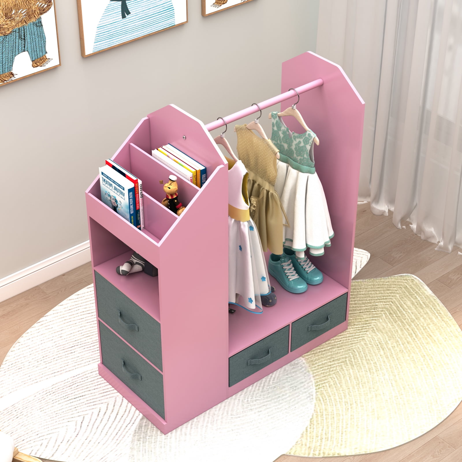 Kids Costume Organizer, Pink Open Hanging Armoire Closet with Mirror ...