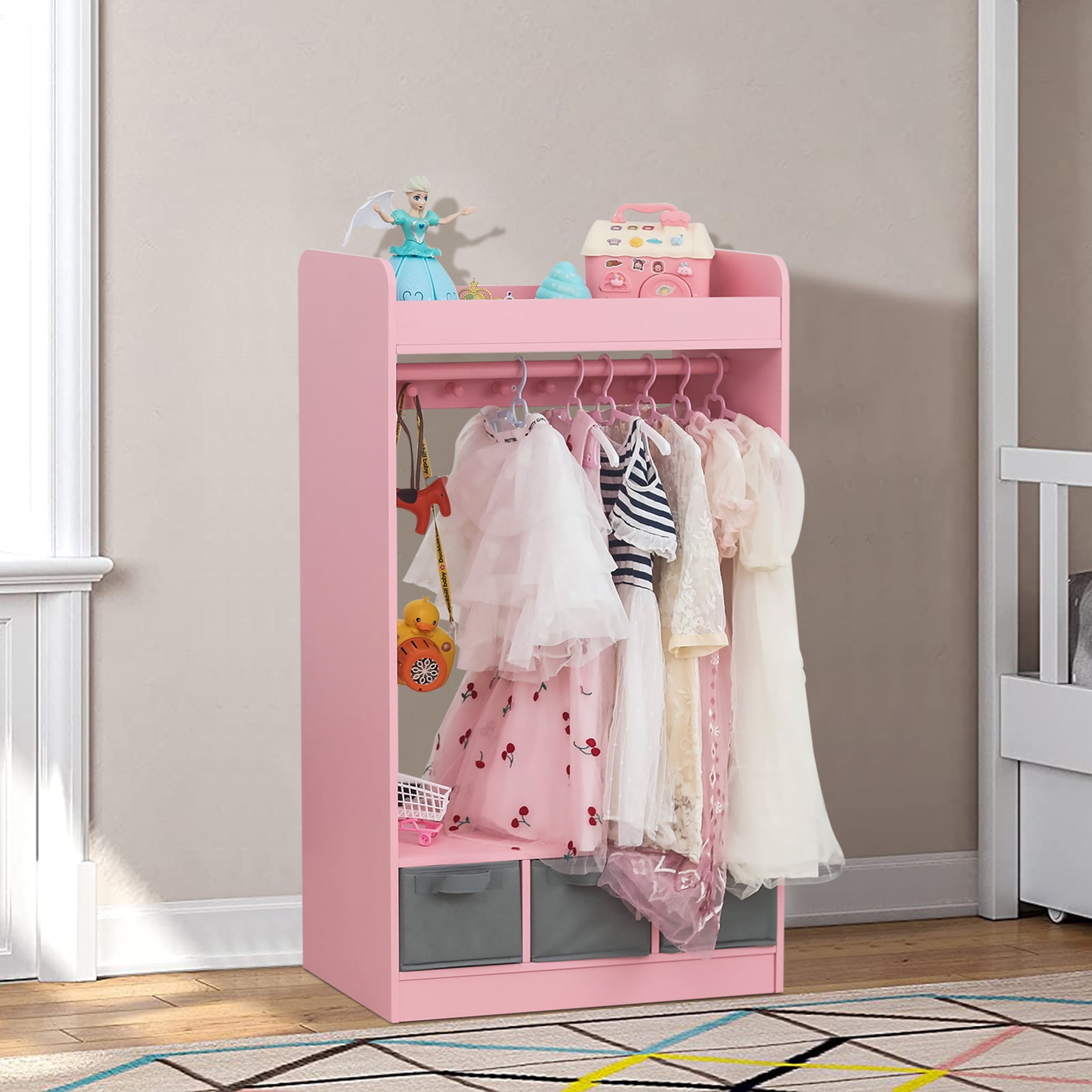 Kids Costume Organizer with Mirror - PINK, Open Hanging Armoire Closet ...