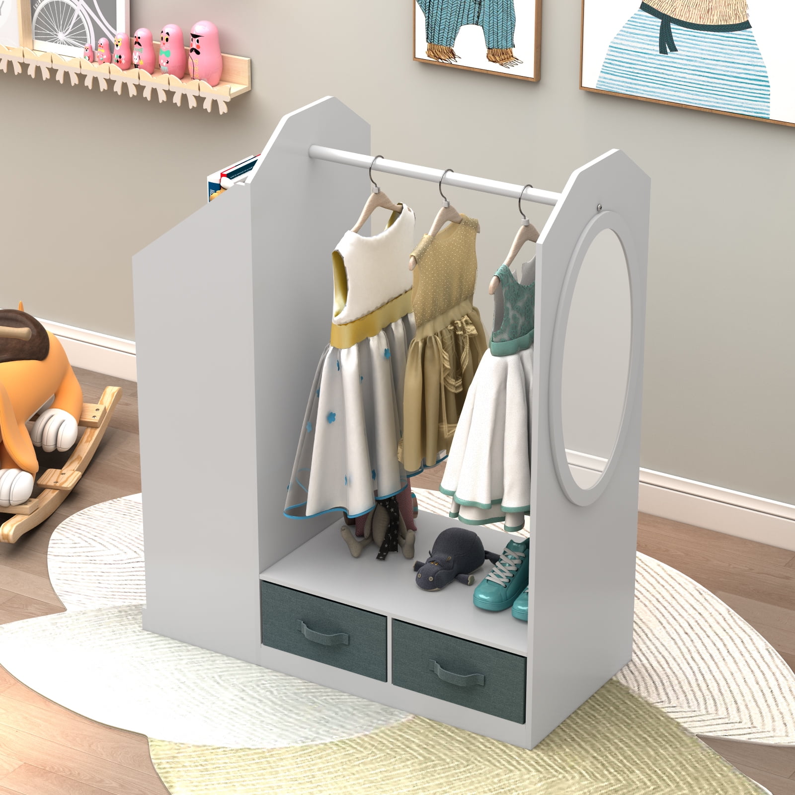 Kids Costume Organizer with Mirror - White, Vertical Costume Rack for ...