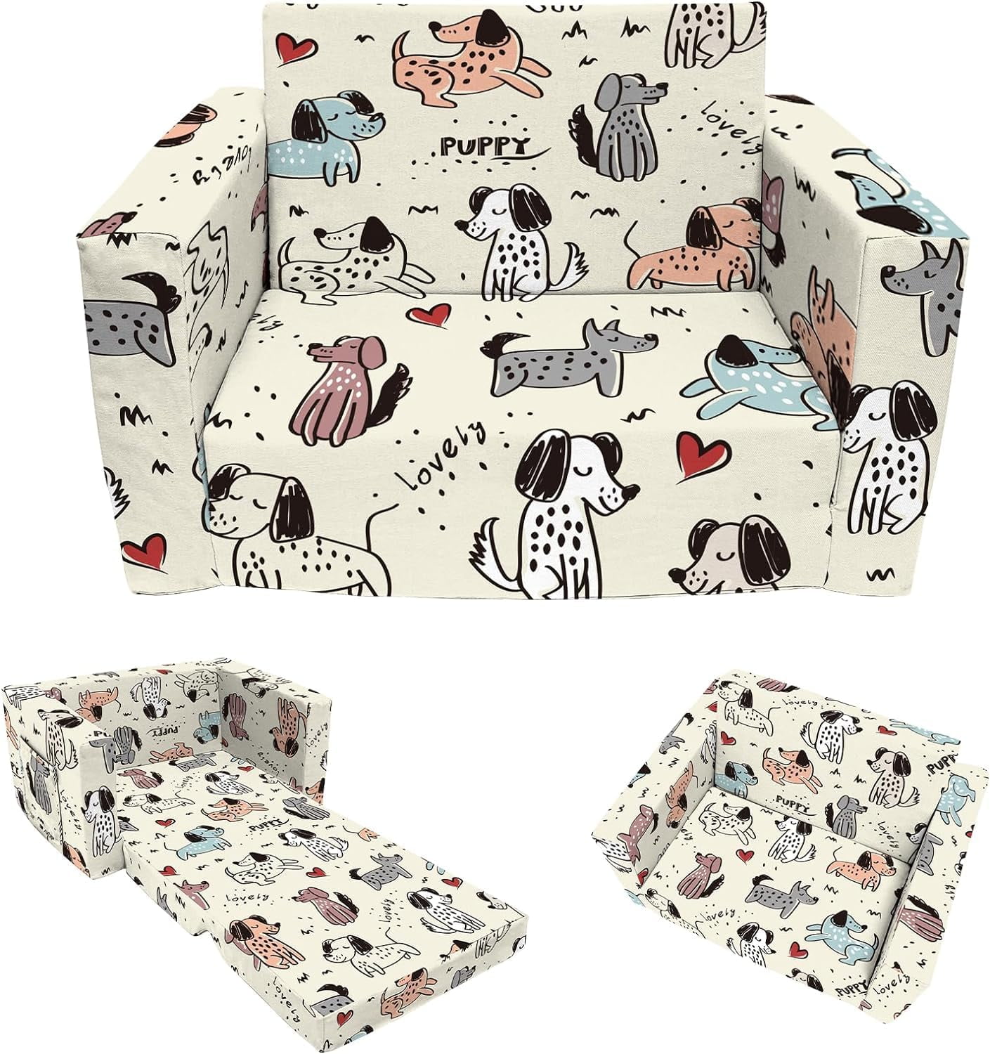 Kids Couch, 2-in-1 Convertible Sofa to Lounger, Comfy Flip-Out Couch ...