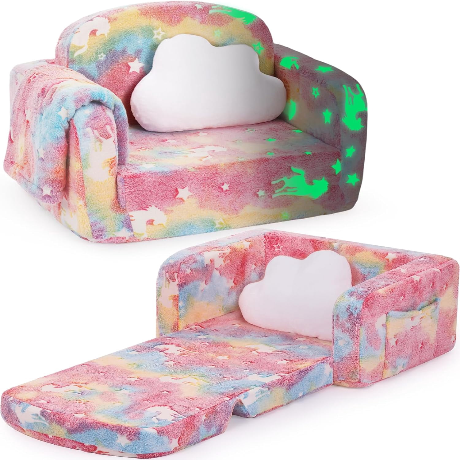 Kids Couch, 2-in-1 Soft Toddler Couch Fold Out with with Blanket and ...