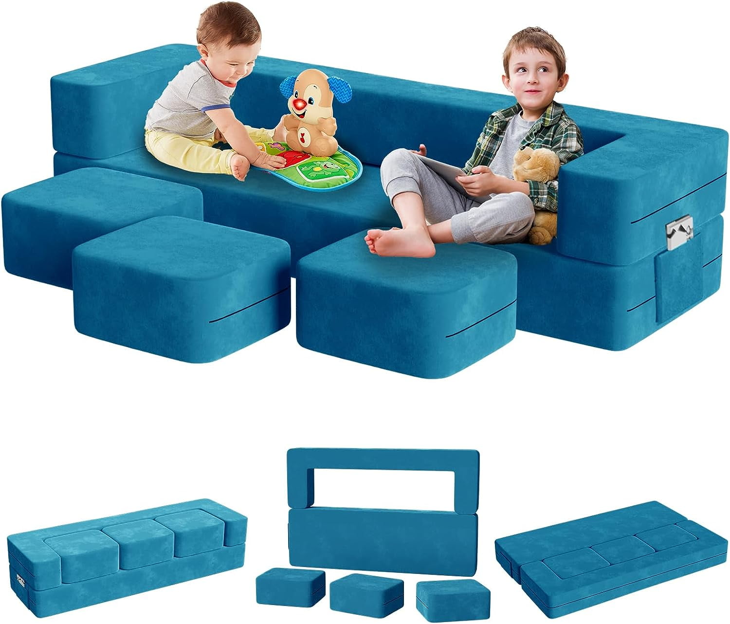 Kids Couch with 3 Ottomans, Wanan Toddler Couch for Playroom Bedroom, 5 ...