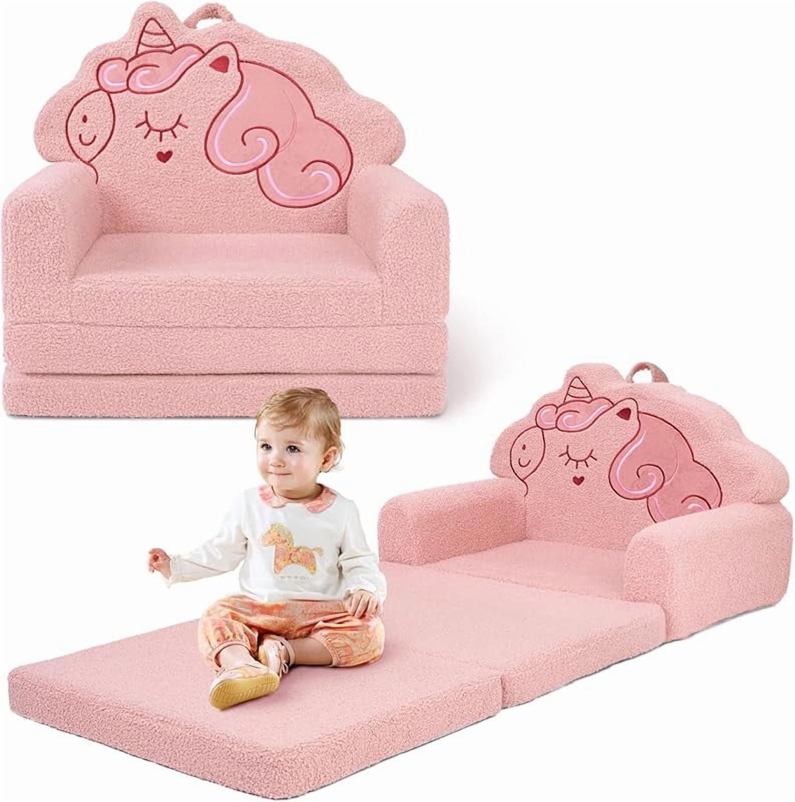 Kids Couch, 53.1”x23.6” Sofa Bed, Convertible Sofa to Lounger Fold Out, Pink Unicorn Design ...