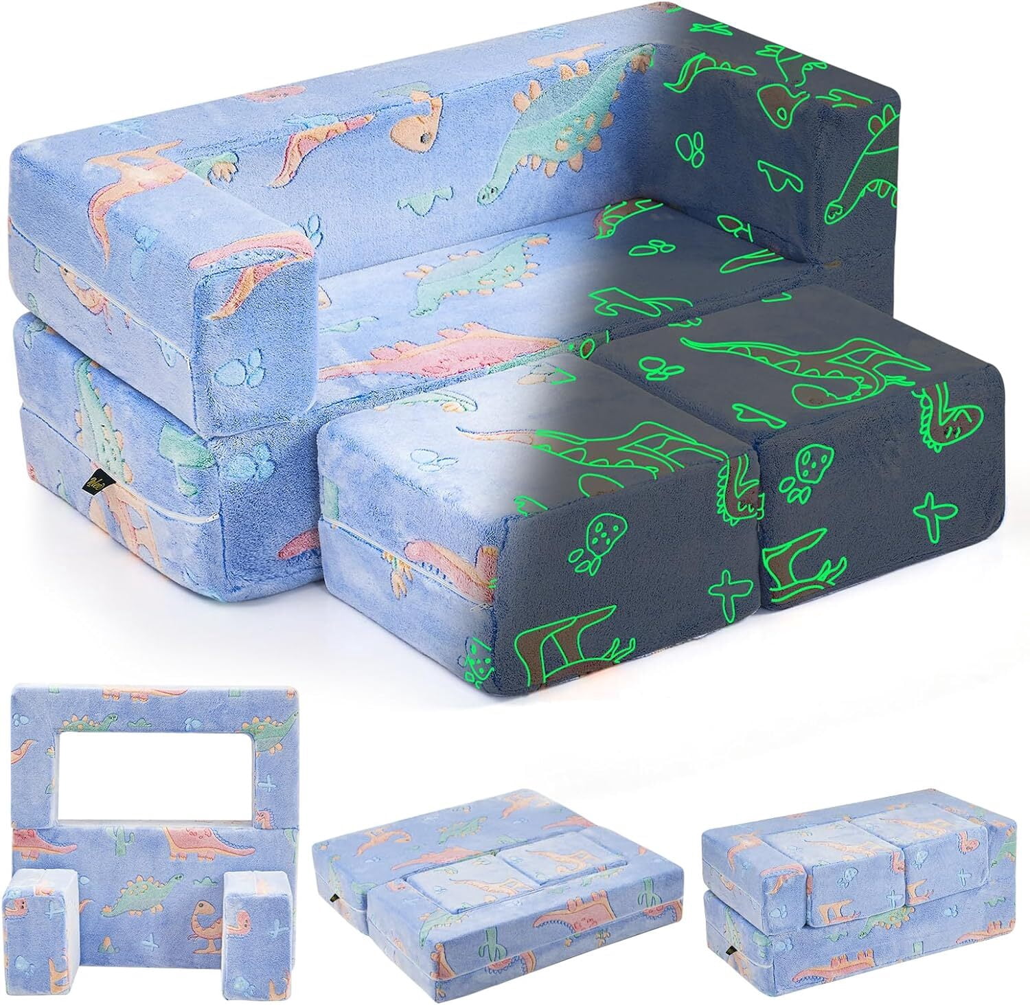 Kids Glow in The Dark Blue Dinosaur Modular Sofa, 3 in 1 Toddler Couch ...