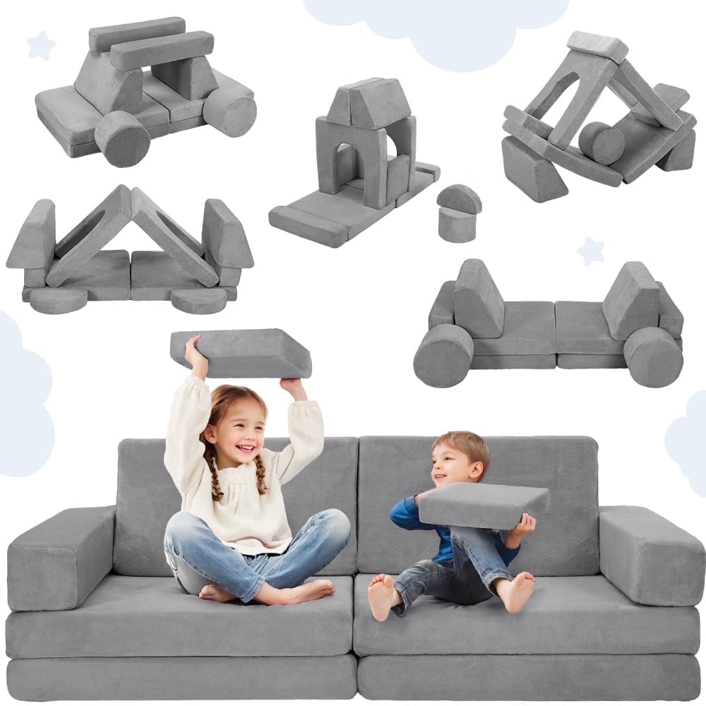 Caveen 14Pcs Kids Play Couch, Modular Foam Toddler Sofa, Gray, Floor ...