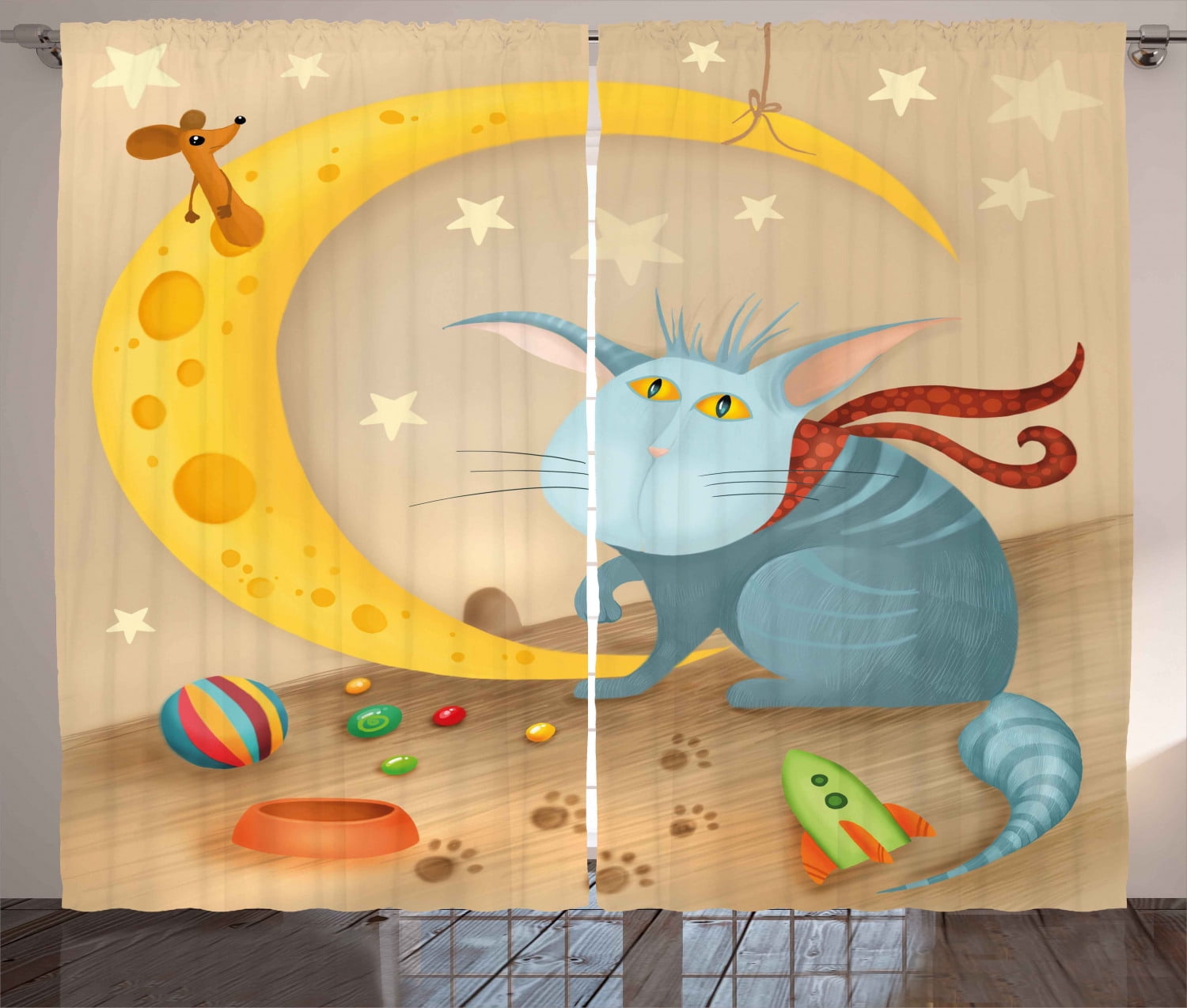 Ambesonne Funny Curtains 2 Panel Set, Cat Mouse Crescent Moon, 108" x ...
