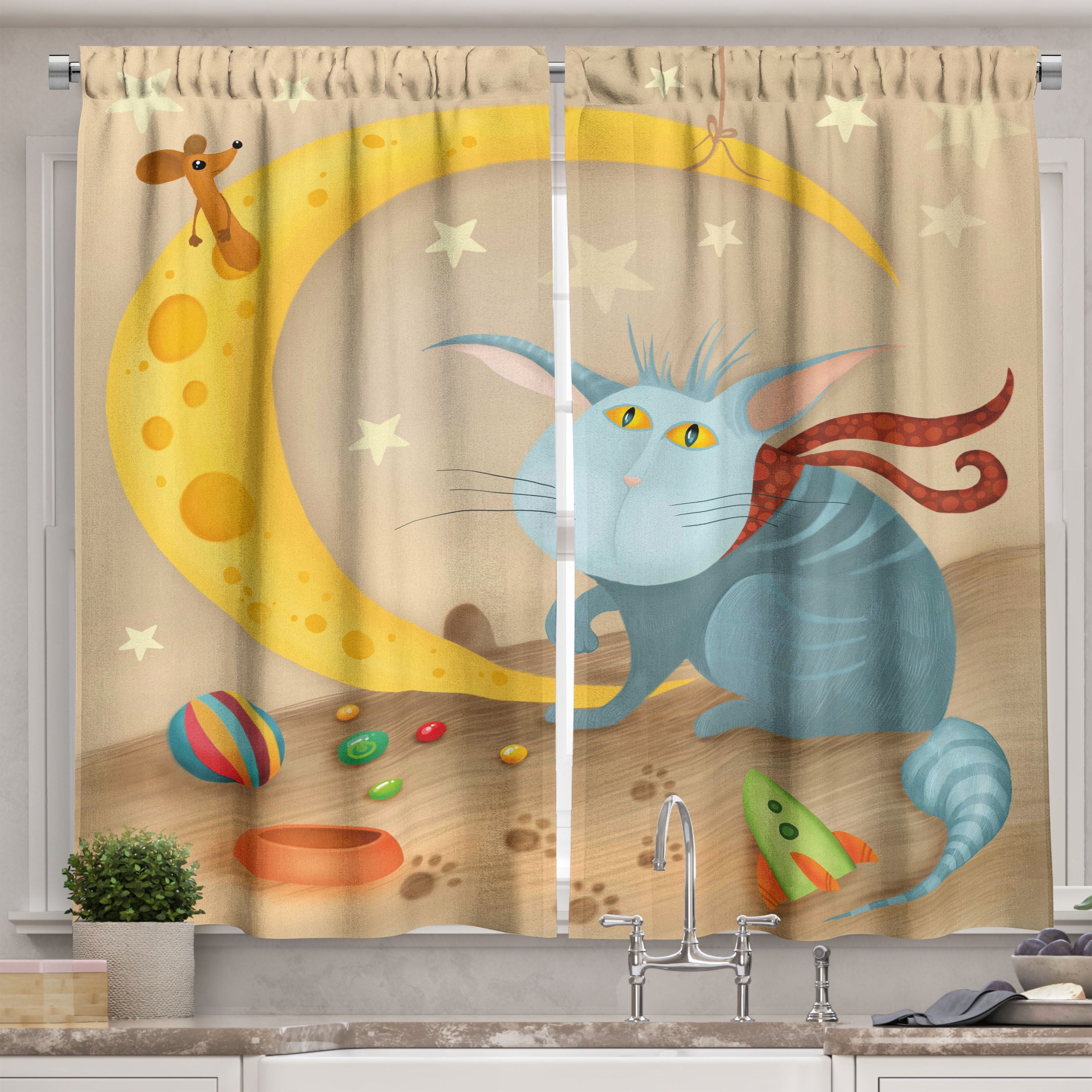 Kids Curtains 2 Panels Set, Cat and Mouse on Crescent Moon Shaped ...
