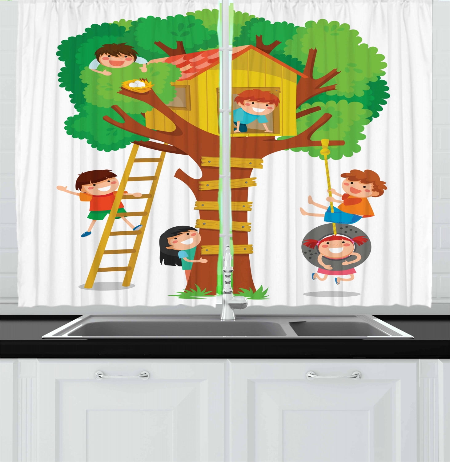 Kids Curtains 2 Panels Set, Cheerful Little Boys and Girl Playing in a ...