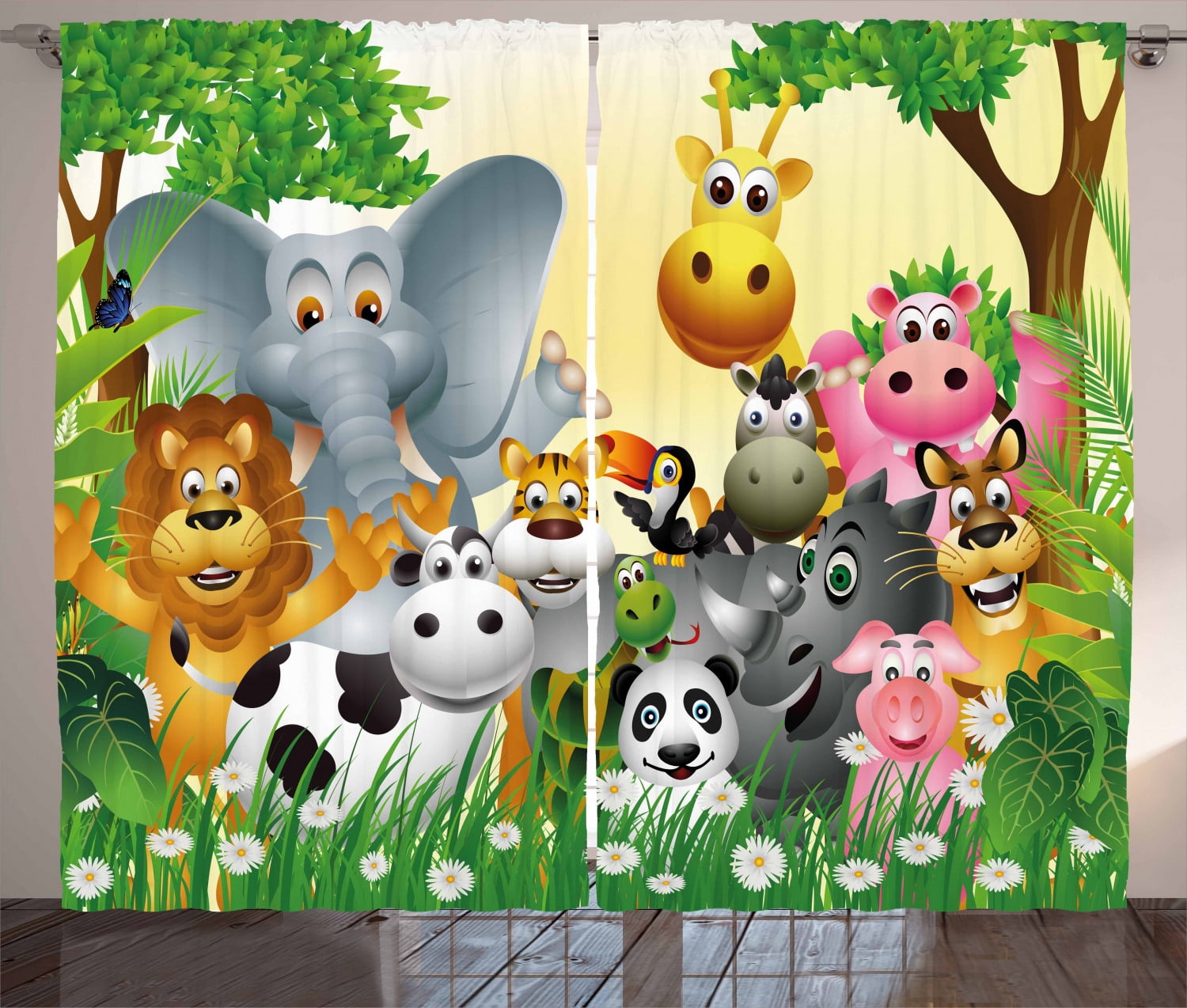 Kids Curtains 2 Panels Set, Cute Animals in Jungle Elephant Giraffe ...