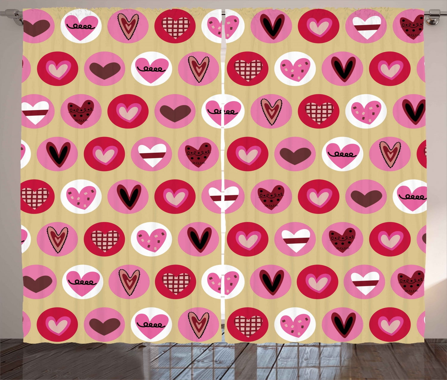 Ambesonne Hearts Curtains 2 Panel Set, Cartoon Style Hearts, 108" x 96 ...