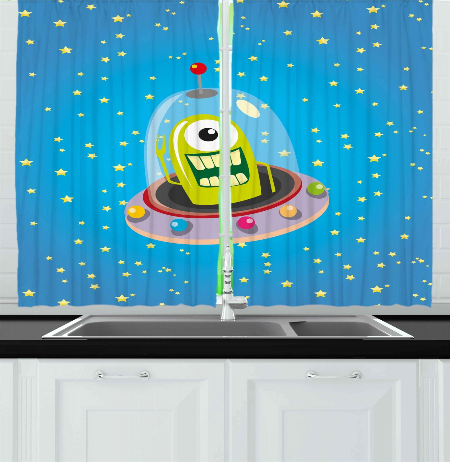 Kids Curtains 2 Panels Set, Cute Comic Ufo Alien in Outer Space with ...