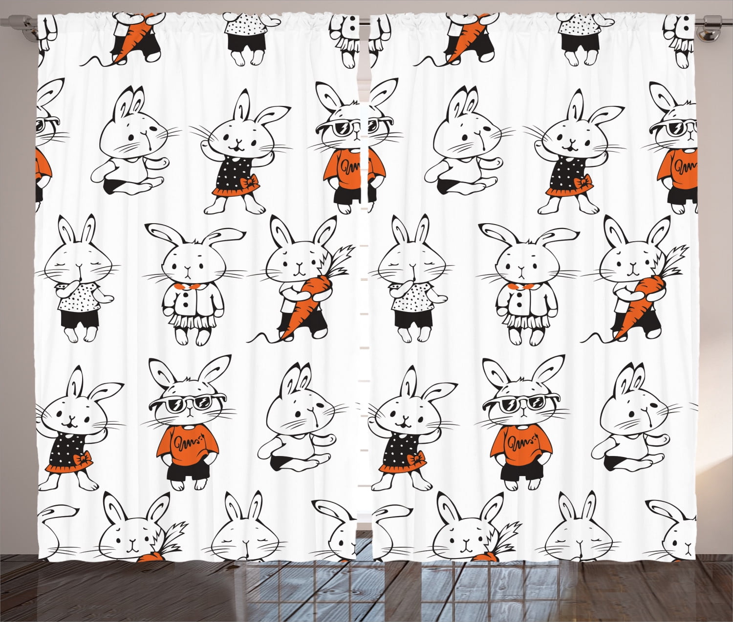 Ambesonne Funny Curtains 2 Panel Set, Retro Bunny Rabbits, 108" x 84 ...