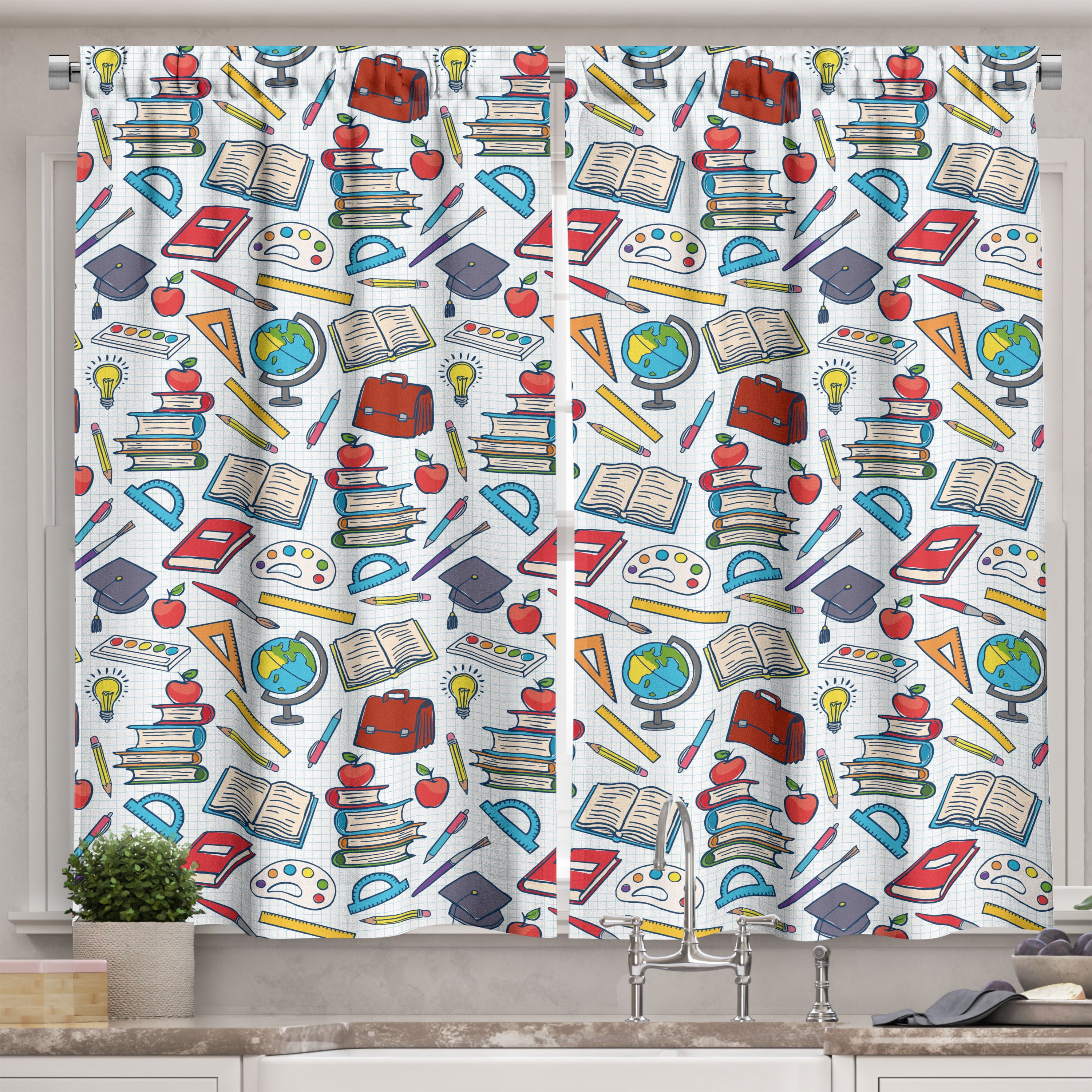 Kids Curtains 2 Panels Set, Elementary School Theme Student Supplies ...