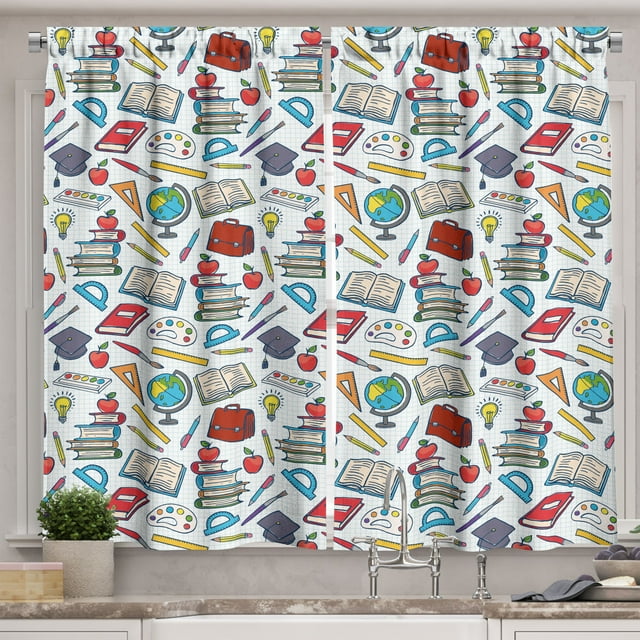 Kids Curtains 2 Panels Set, Elementary School Theme Student Supplies ...
