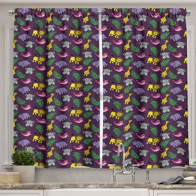 Kids Curtains 2 Panels Set, Funny Cartoon Style Jungle Animals with ...