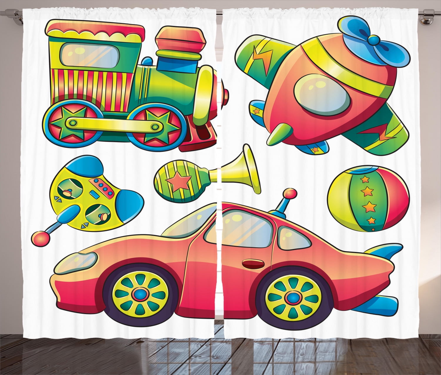 Ambesonne Cartoon Curtains 2 Panel Set, Train Car Airplane Print, 108 ...