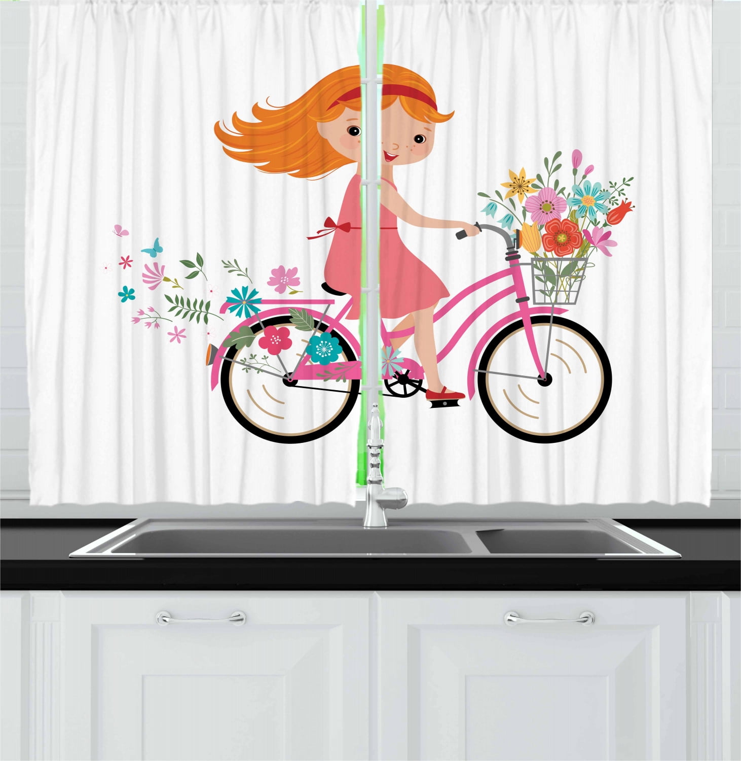 Kids Curtains 2 Panels Set, Happy Little Girl with Bunch of Flowers ...