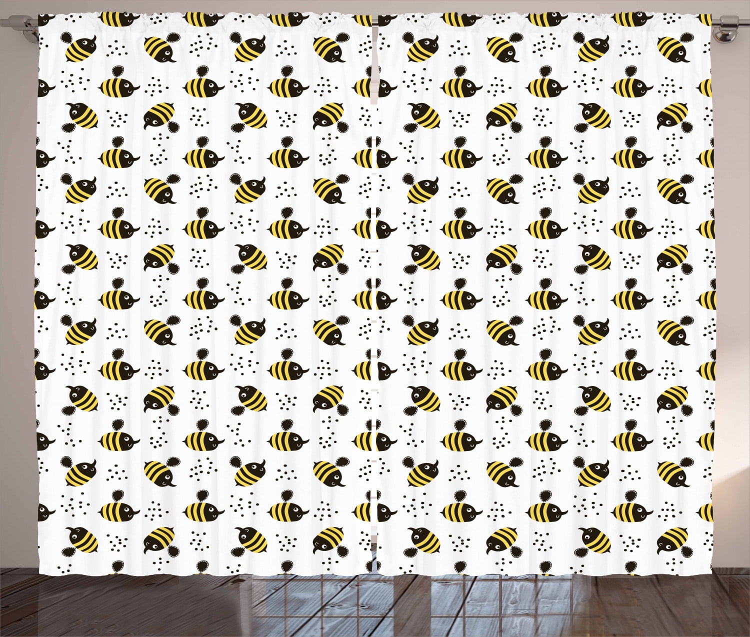 Ambesonne Bee Curtains 2 Panel Set, Honey Bees Cartoon, 108" x 63 ...