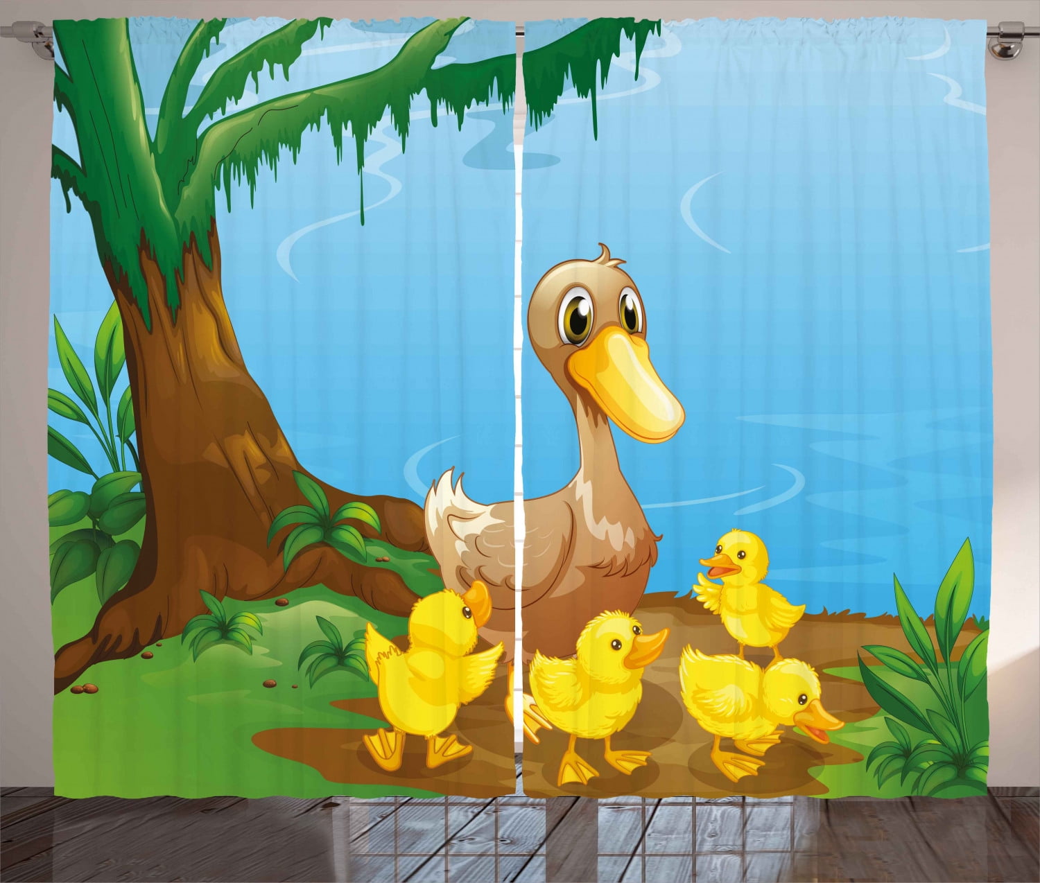 Ambesonne Duck Curtains 2 Panel Set, Duck and Ducklings, 108" x 90 ...