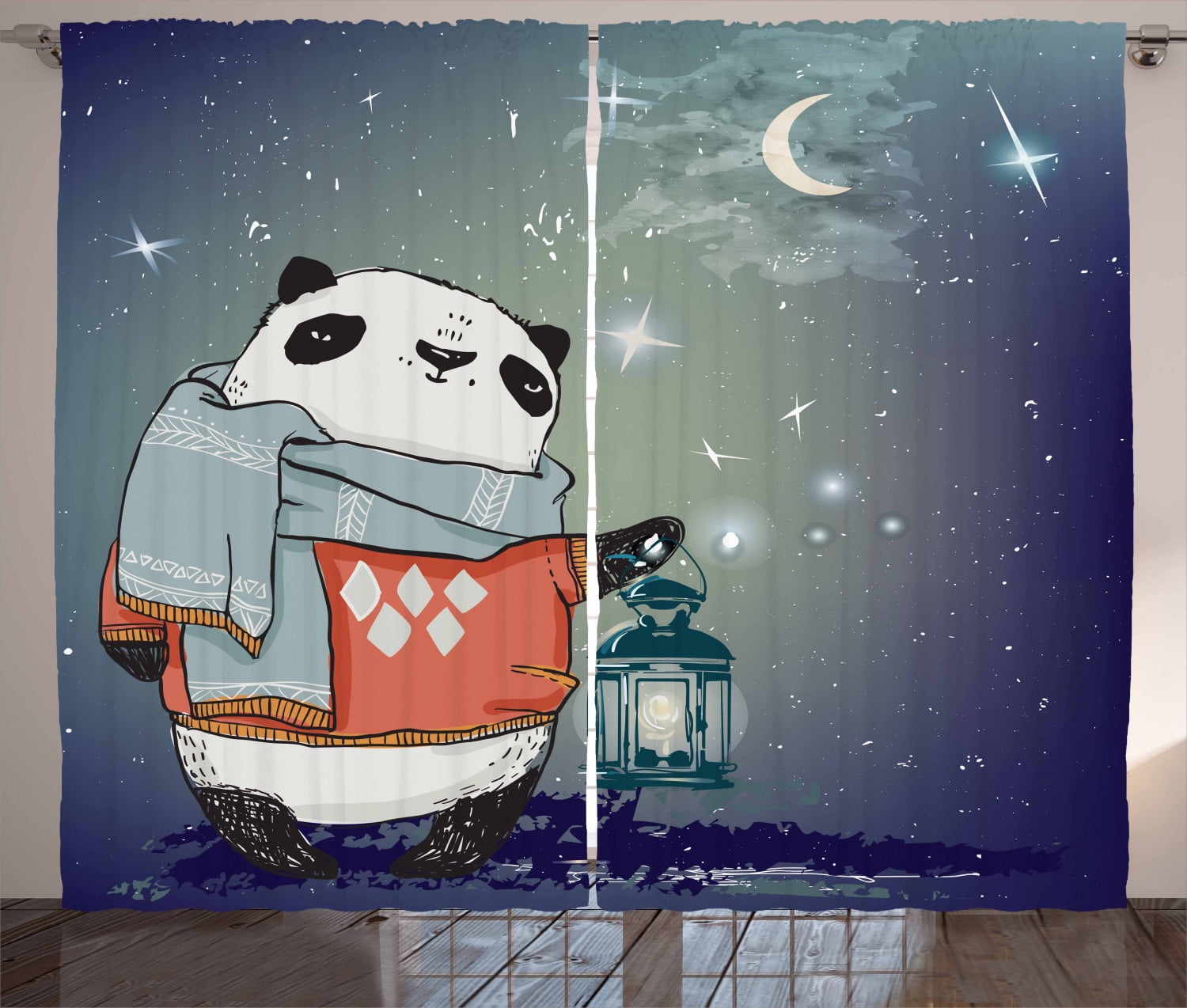 Ambesonne Panda Curtains 2 Panel Set, Panda Bear Winter Night, 108" x ...