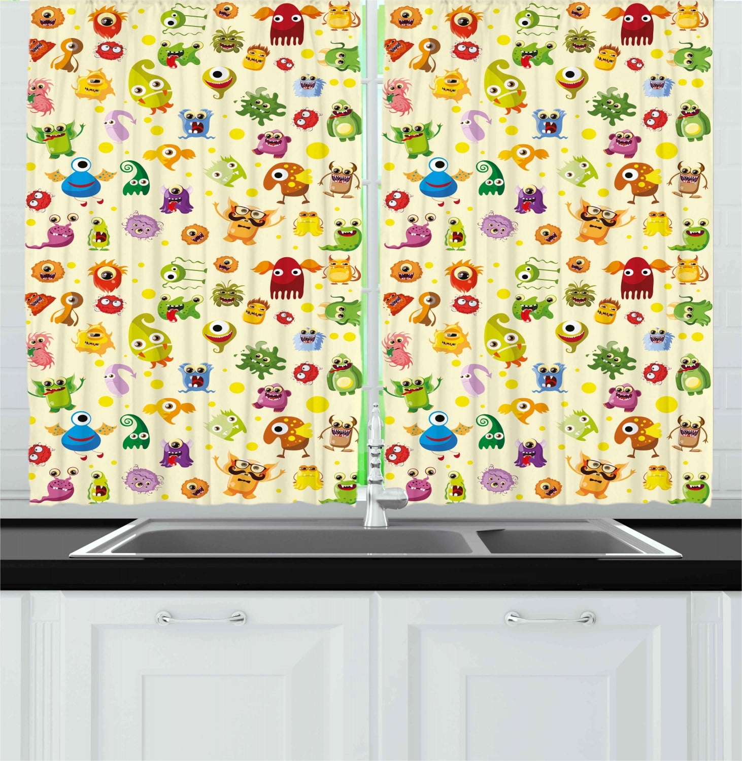 Kids Curtains 2 Panels Set, Set of Drawings Different Cartoon Style ...