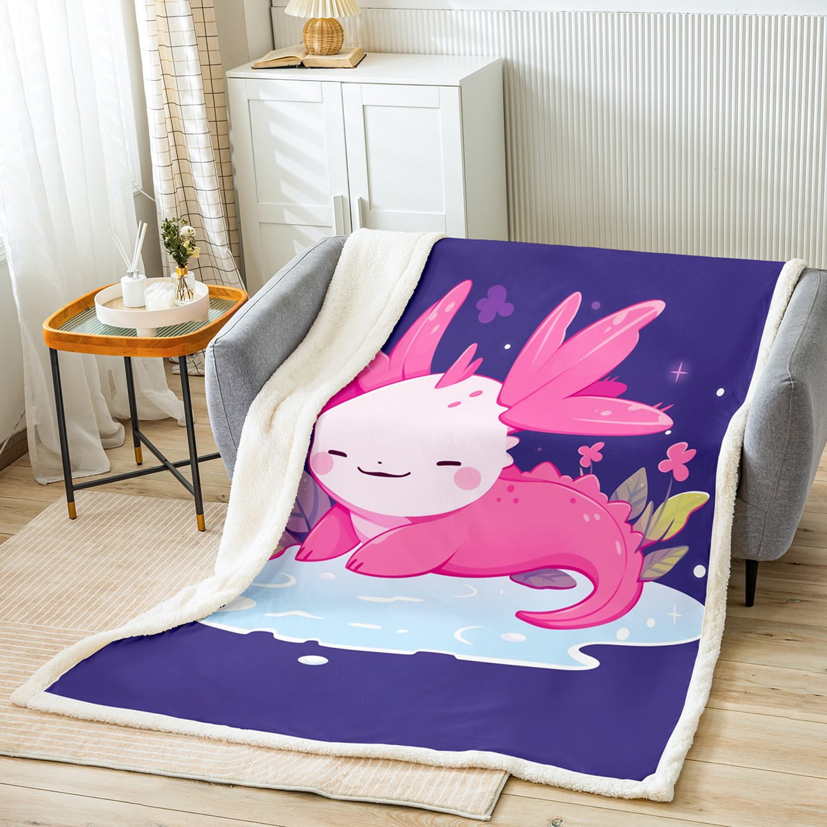 Kids Cute Axolotl Blanket Cartoon Salamander Floral Leaves Throw ...