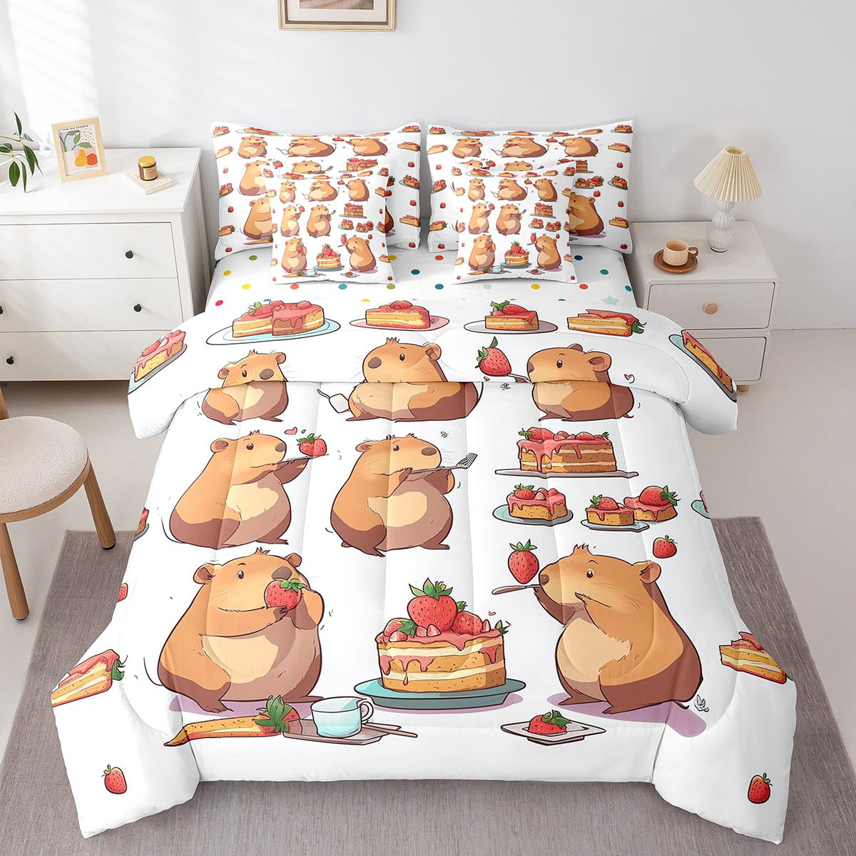 Cute Capybara Comforter Set 7-Piece Cartoon Rodent Animals Bedding Set ...