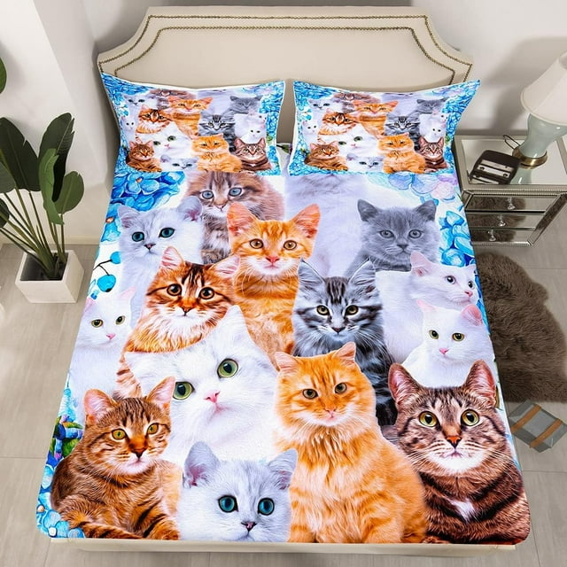 Kids Cute Cat Bedding Set Cartoon Pet Cats Bed Sheets for Children Boys ...