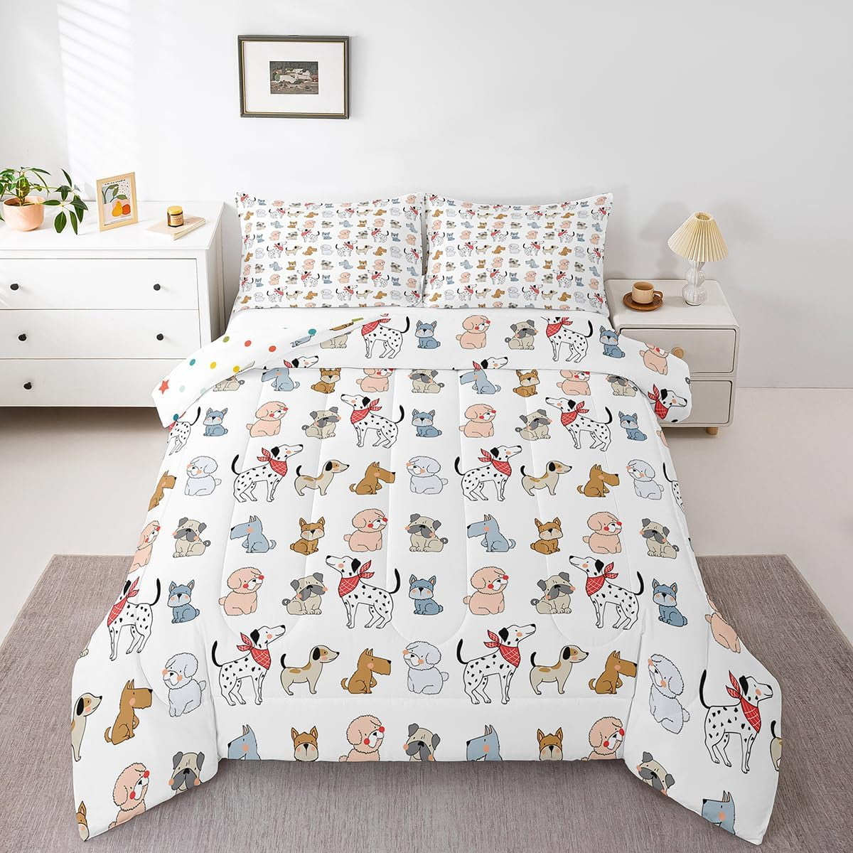 Kids Cute Dog Comforter Set Queen Cartoon Puppy Pug Bedding Set for ...