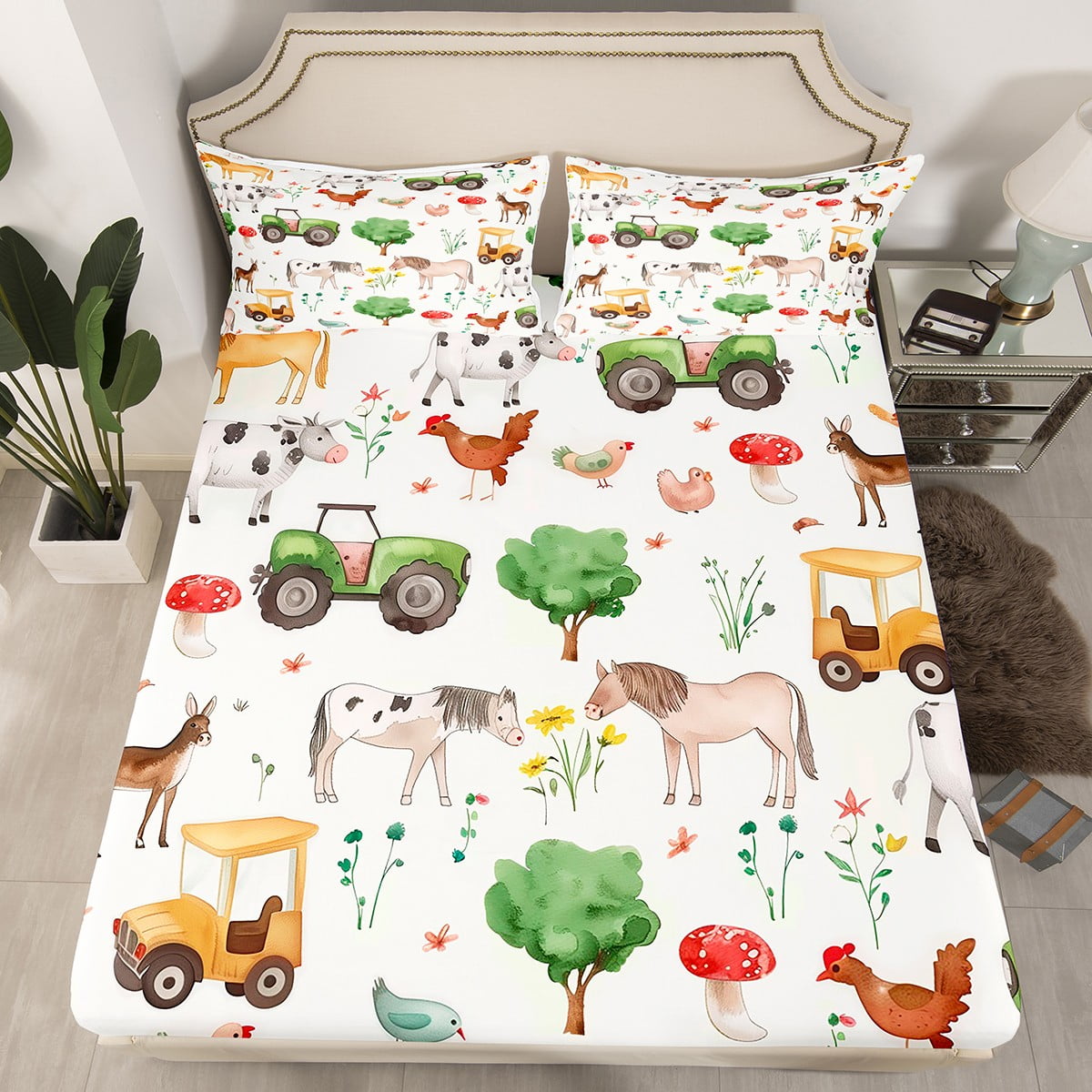 Cute Excavator Full Fitted Sheet,Farm Animals Bed Sheets,Farmhouse ...