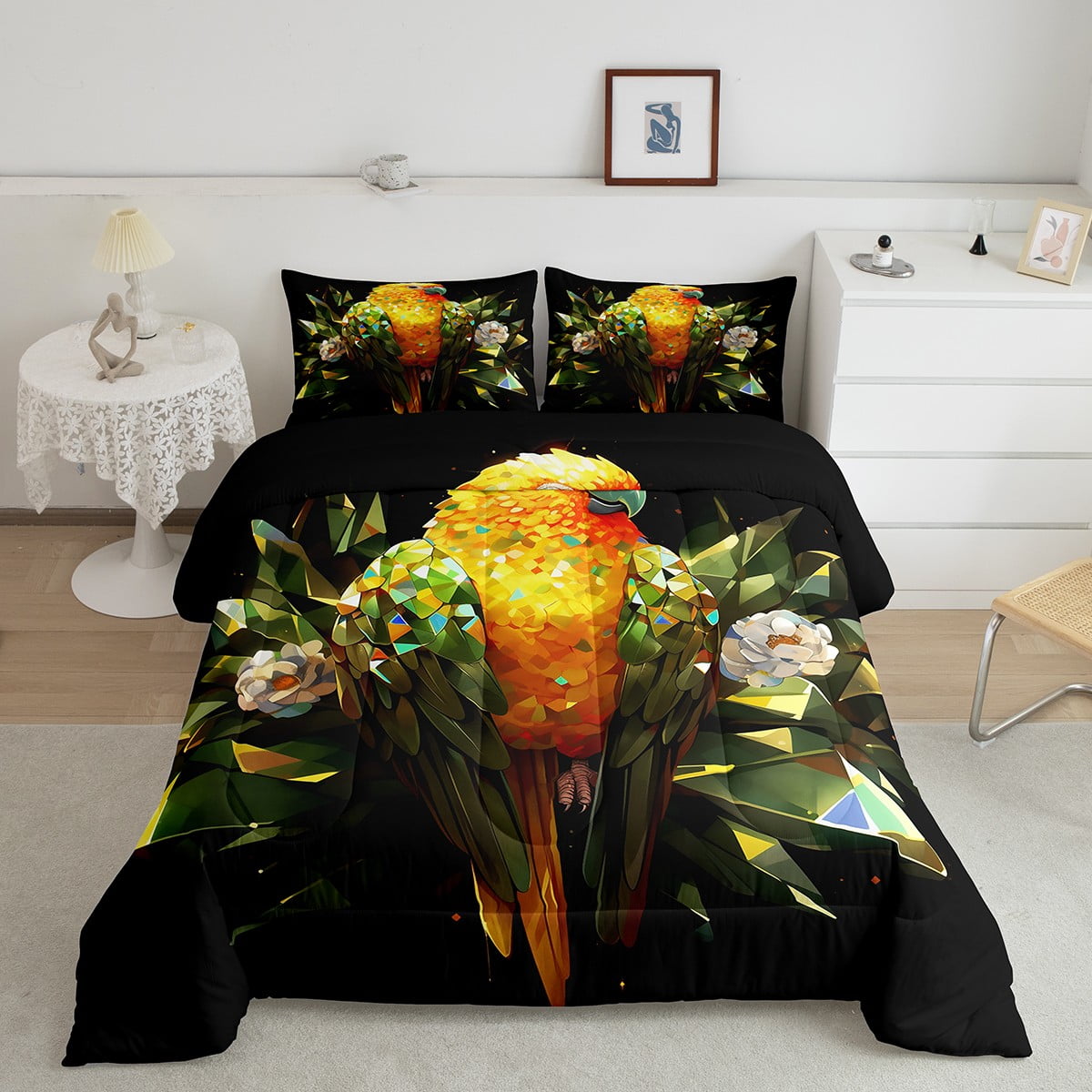 Cute Parrot Comforter Set Twin Yellow Birds Bedding Set,Geometric ...