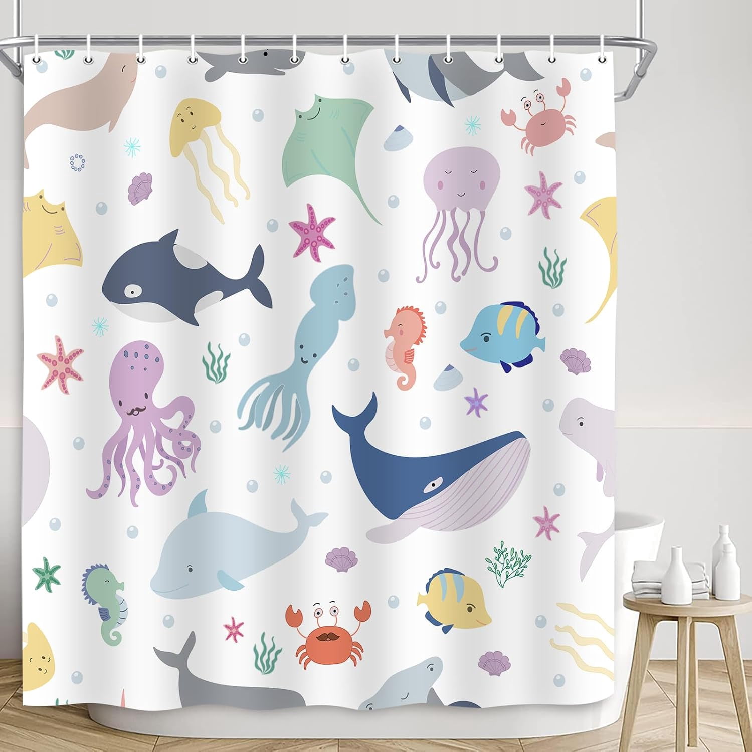 Kids Cute Shower Curtain, Lovely Cartoon Pastel Colors Aquarium Funny ...