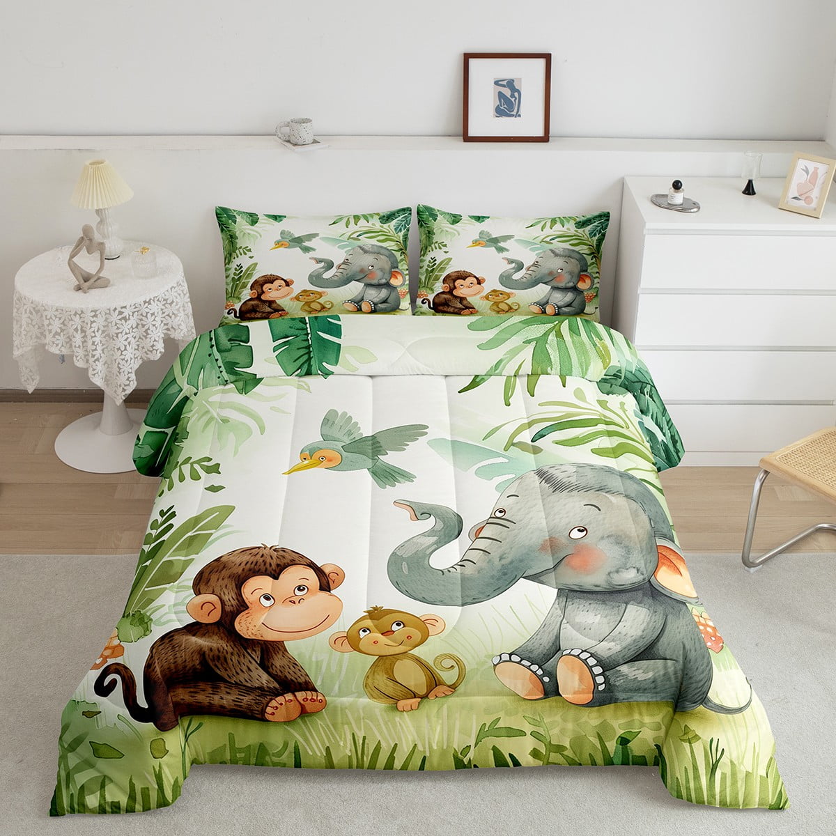 Cute Wild Animals Bedding Set Cartoon Monkey Elephant Queen Size ...