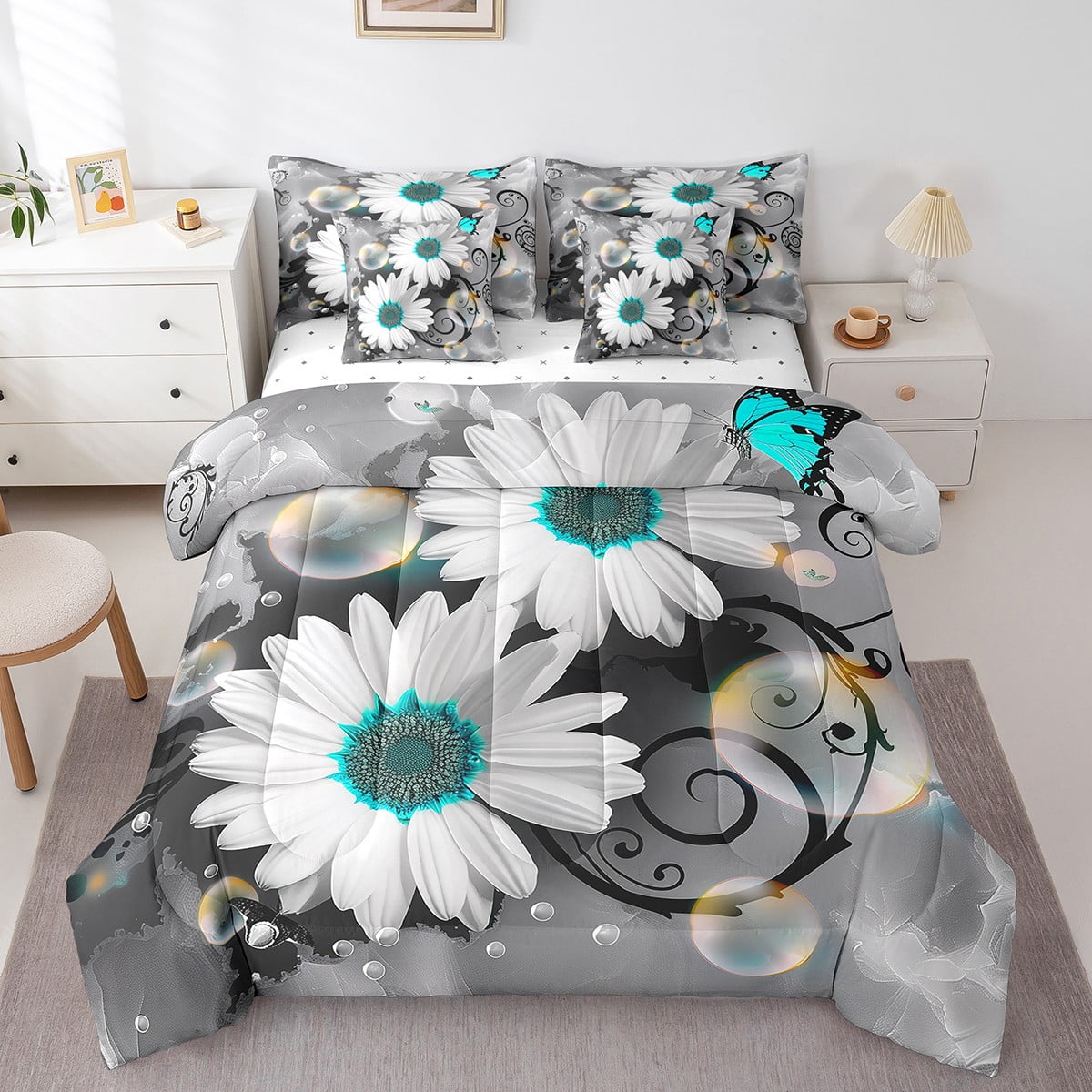 Daisy Floral Full Size Comforter Set 7-Piece Rustic Flower Bedding Sets ...